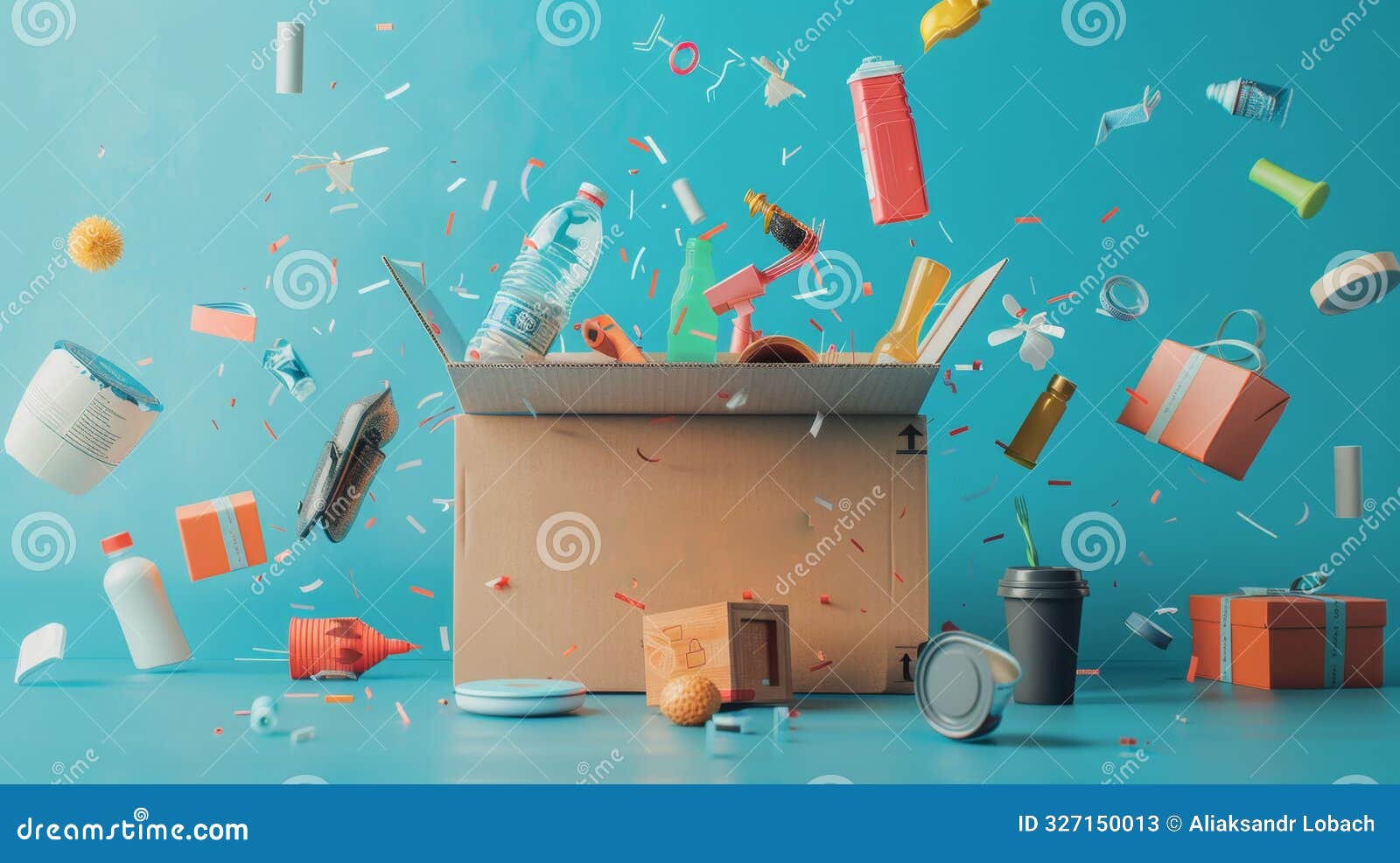 A Cardboard Box with Flying Objects from it. Various Items are Falling ...