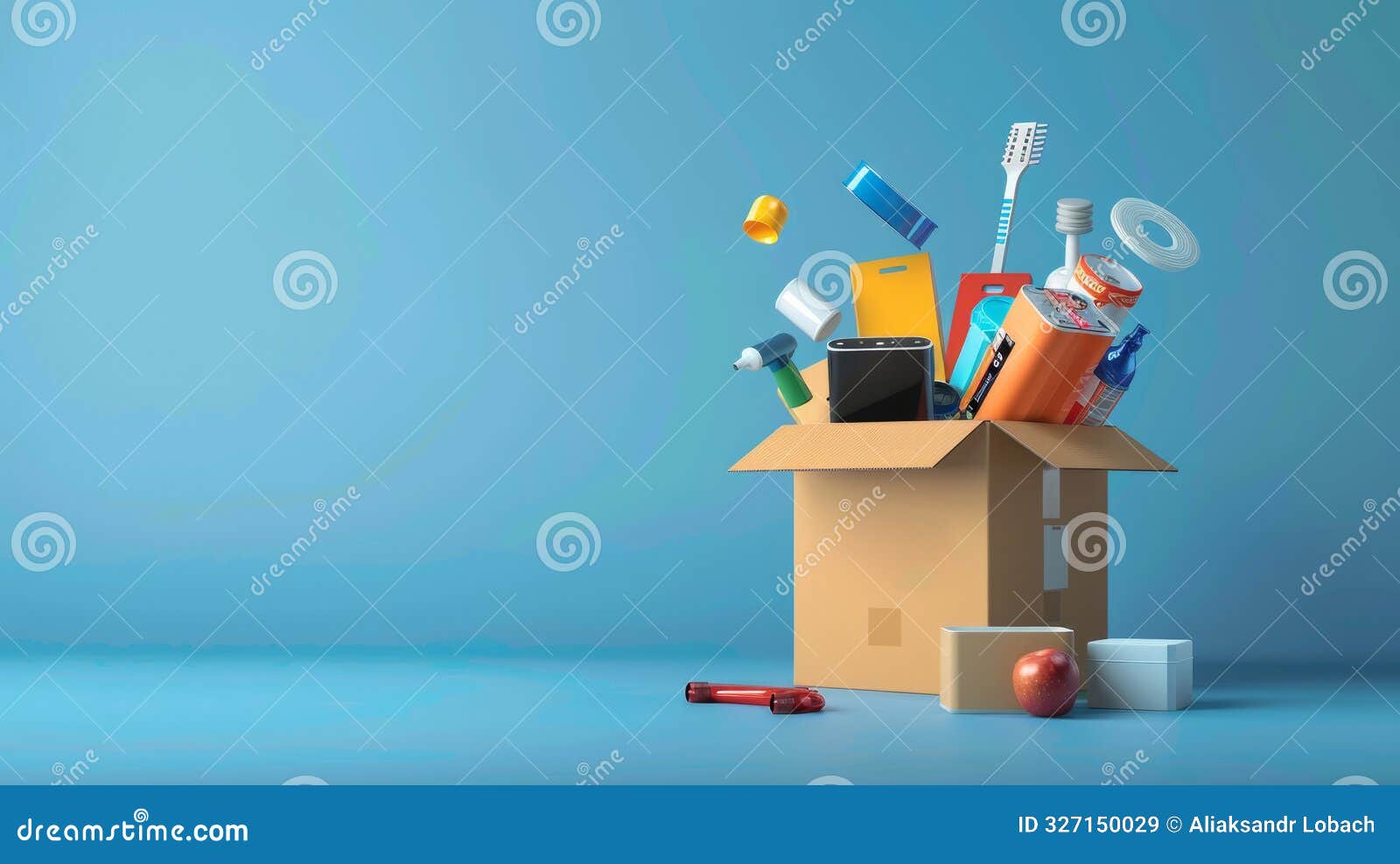 A Cardboard Box with Flying Objects from it. Various Items are Falling ...