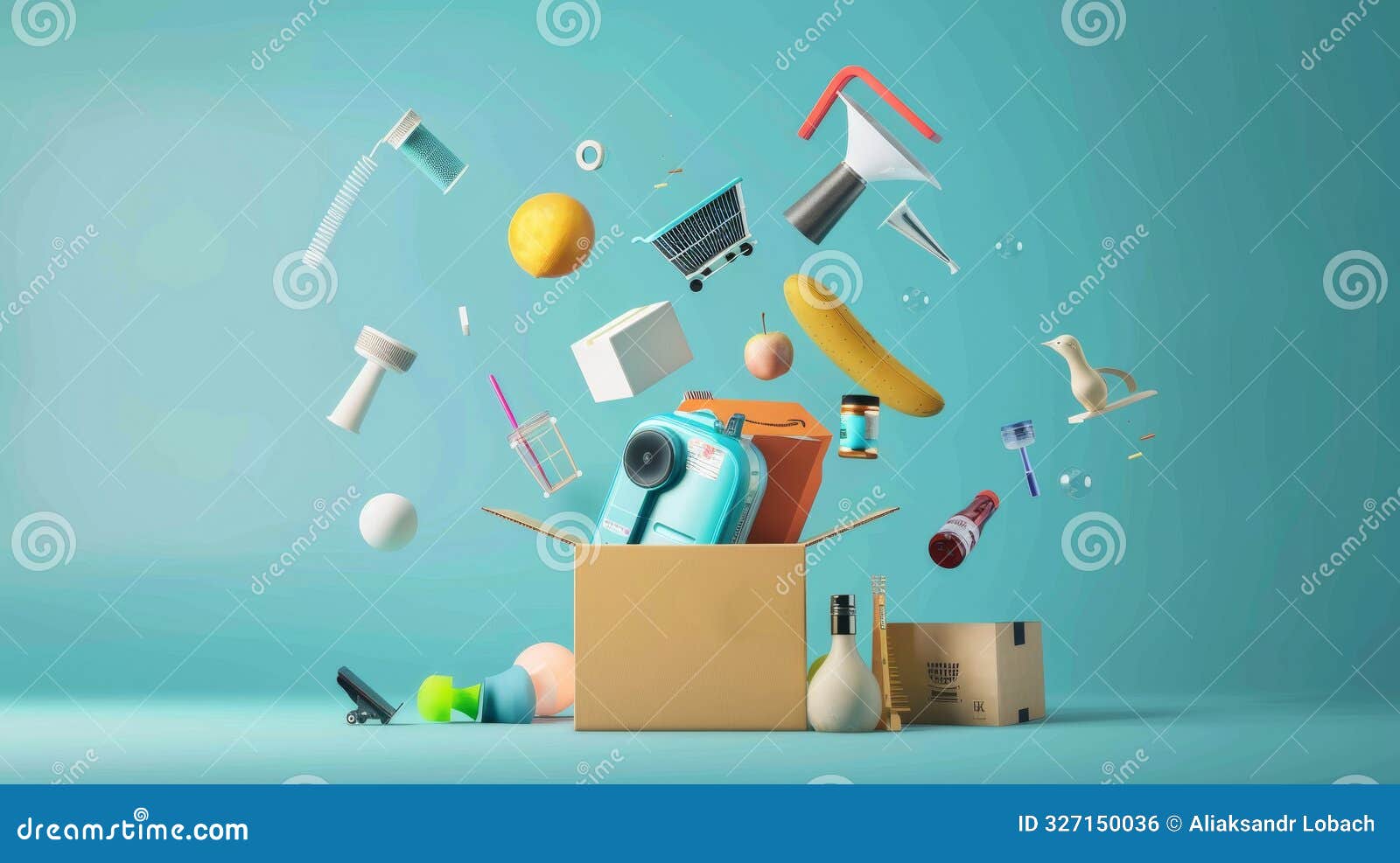 A Cardboard Box with Flying Objects from it. Various Items are Falling ...