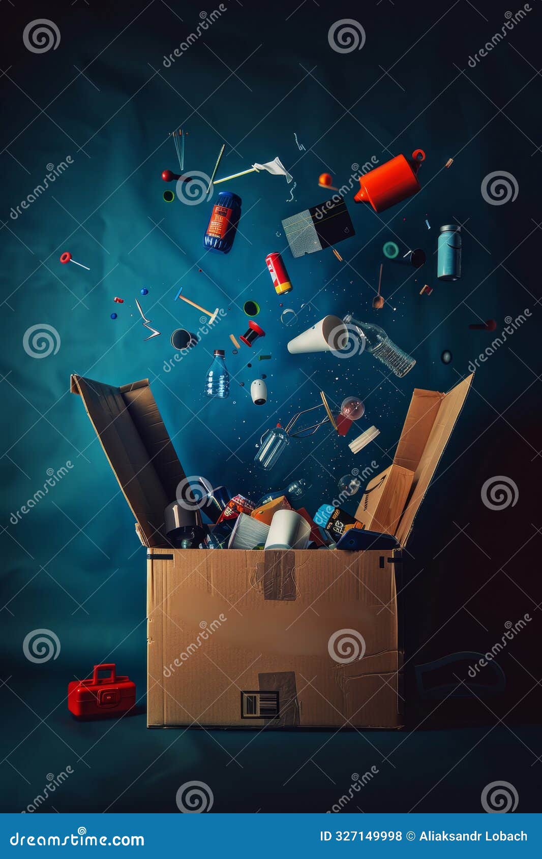 A Cardboard Box with Flying Objects from it. Various Items are Falling ...