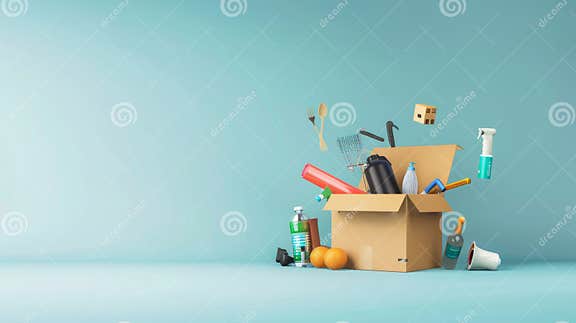 A Cardboard Box with Flying Objects from it. Various Items are Falling ...