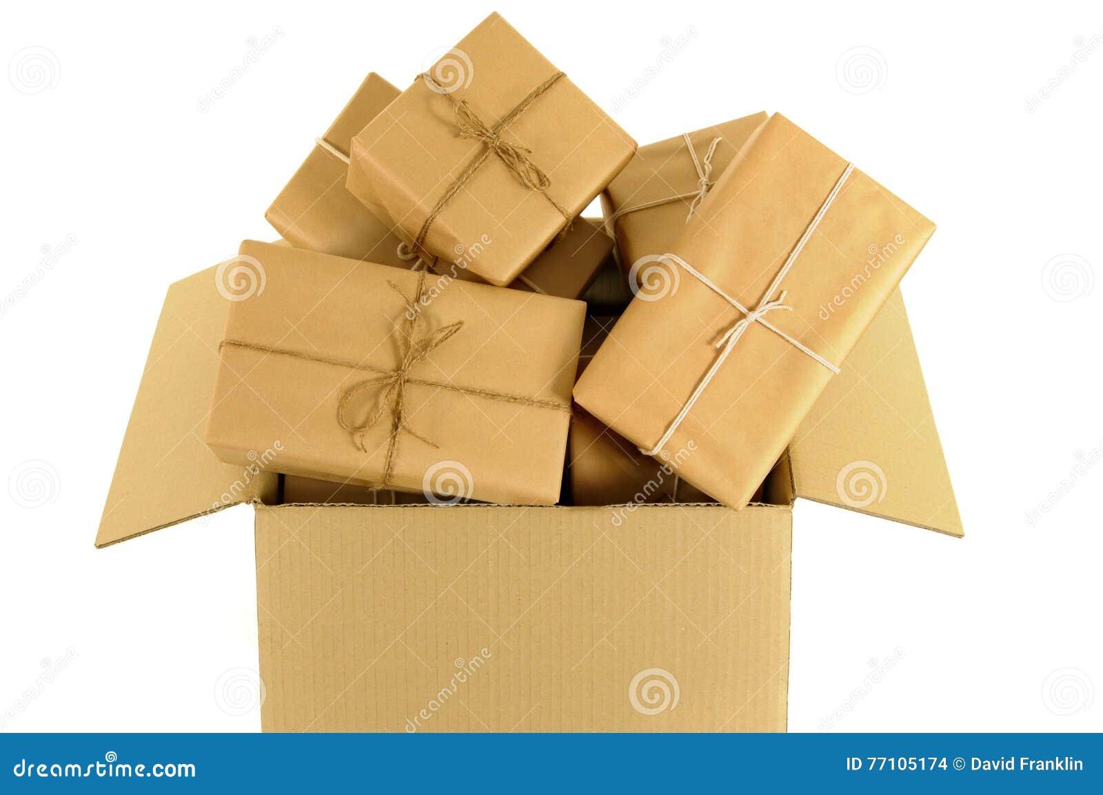 Cardboard Box Overflowing with Lots of Wrapped Mail Packages Stock ...