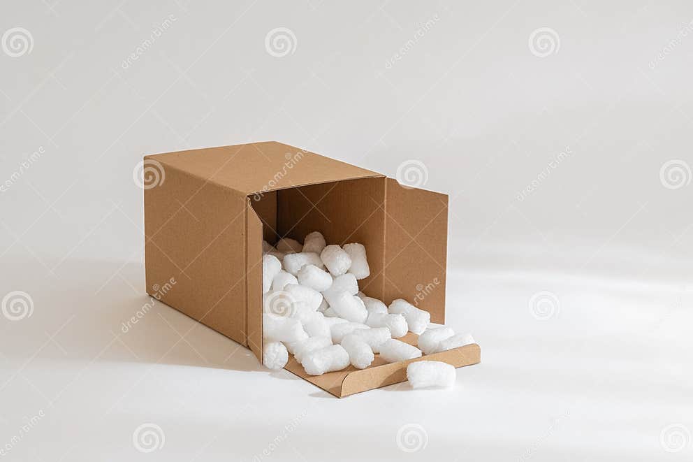 Cardboard Box with Packing Peanuts Stock Image - Image of labeled ...