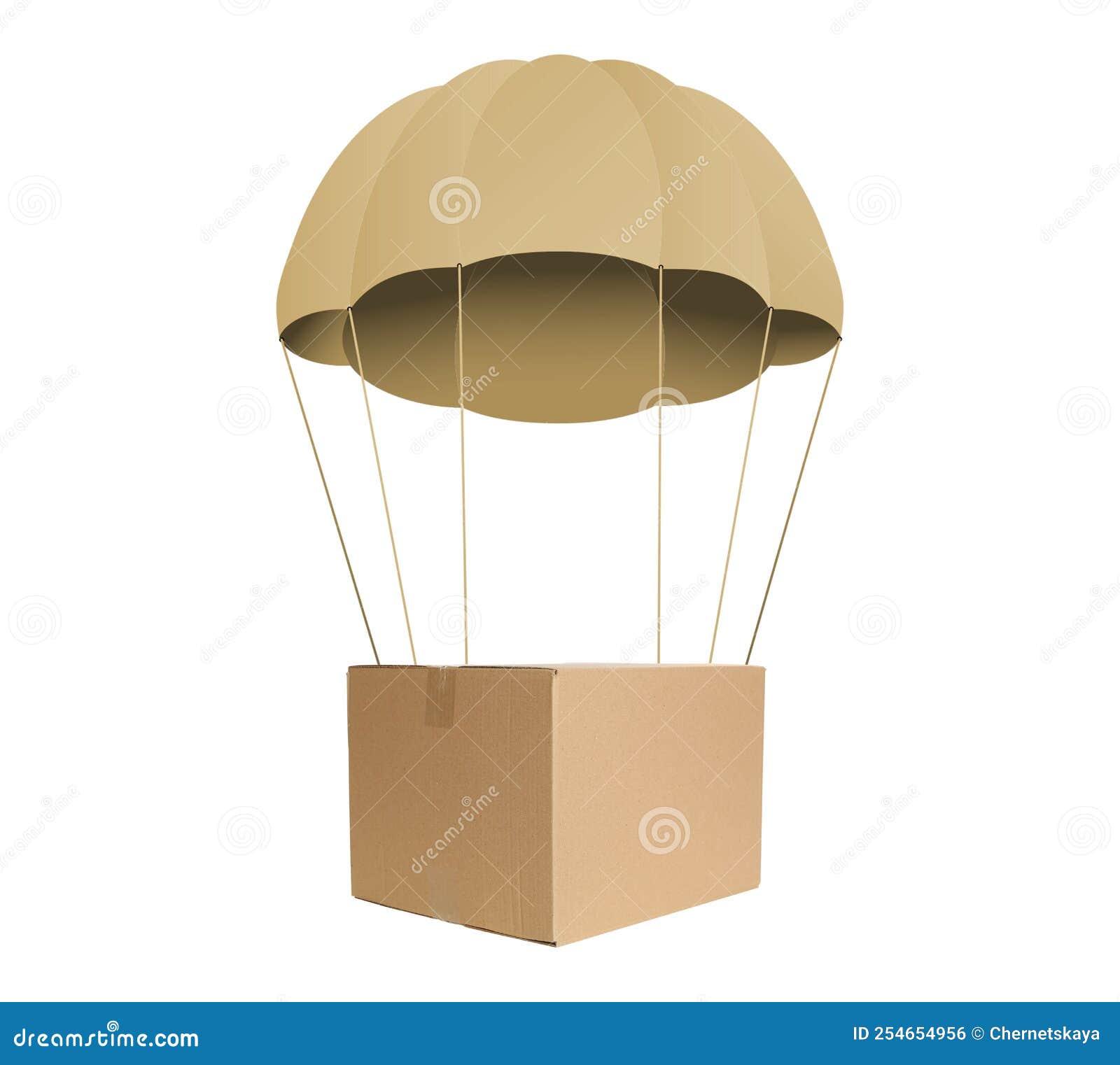 Cardboard Box with Parachute Flying on White Background Stock Photo ...