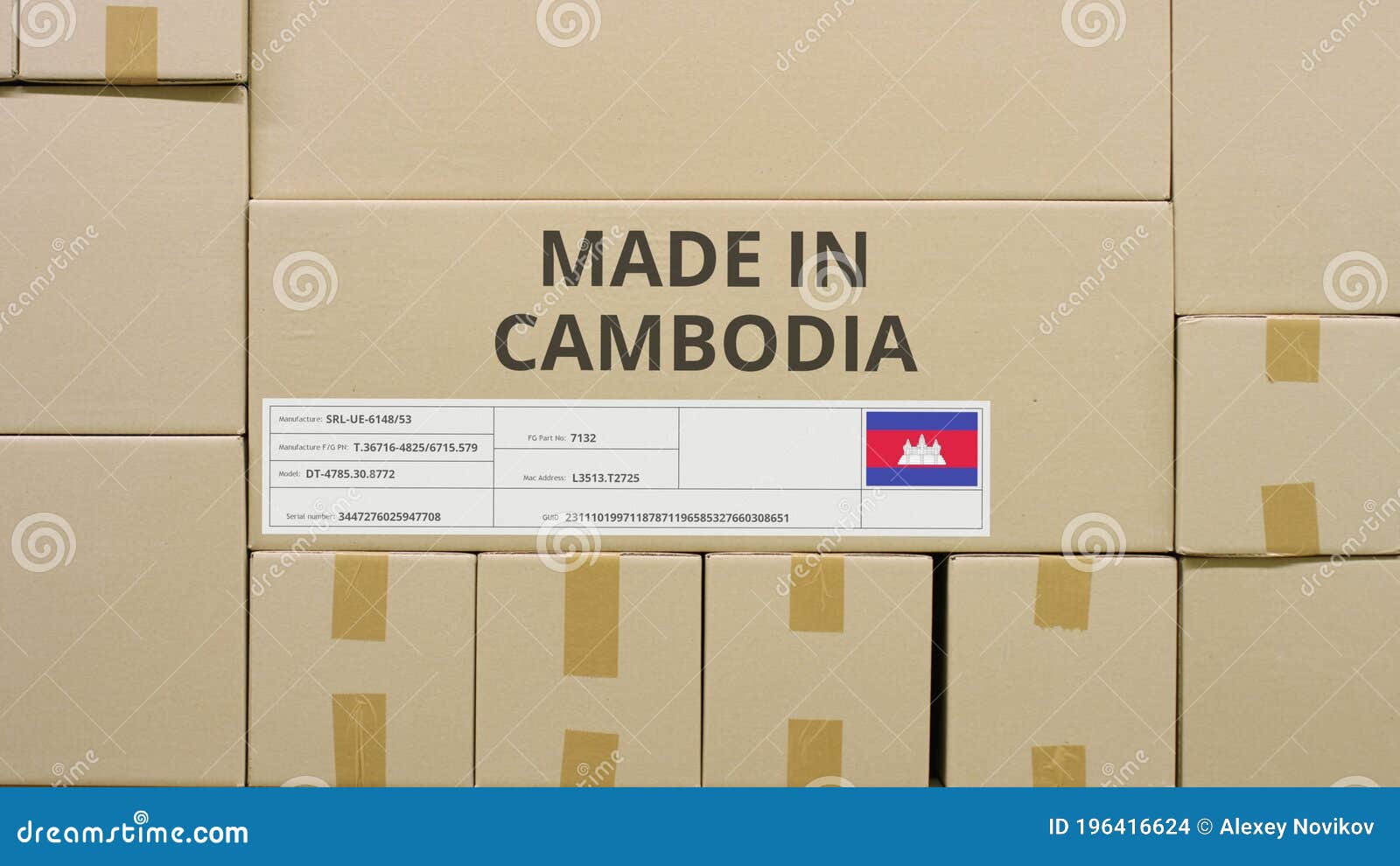 Box with Printed MADE in CAMBODIA Text and Flag Sticker in a Warehouse ...