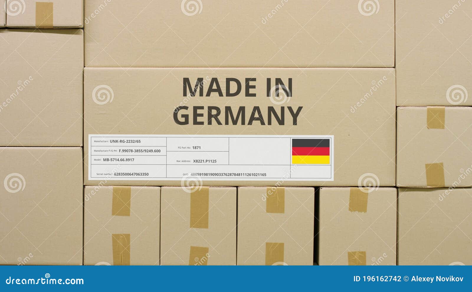 Box with Printed MADE in GERMANY Text and Flag Sticker in a Warehouse ...