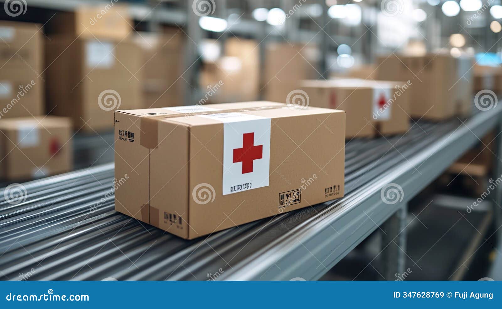 Cardboard Box with Red Cross Symbol on Conveyor Belt in Warehouse Stock ...