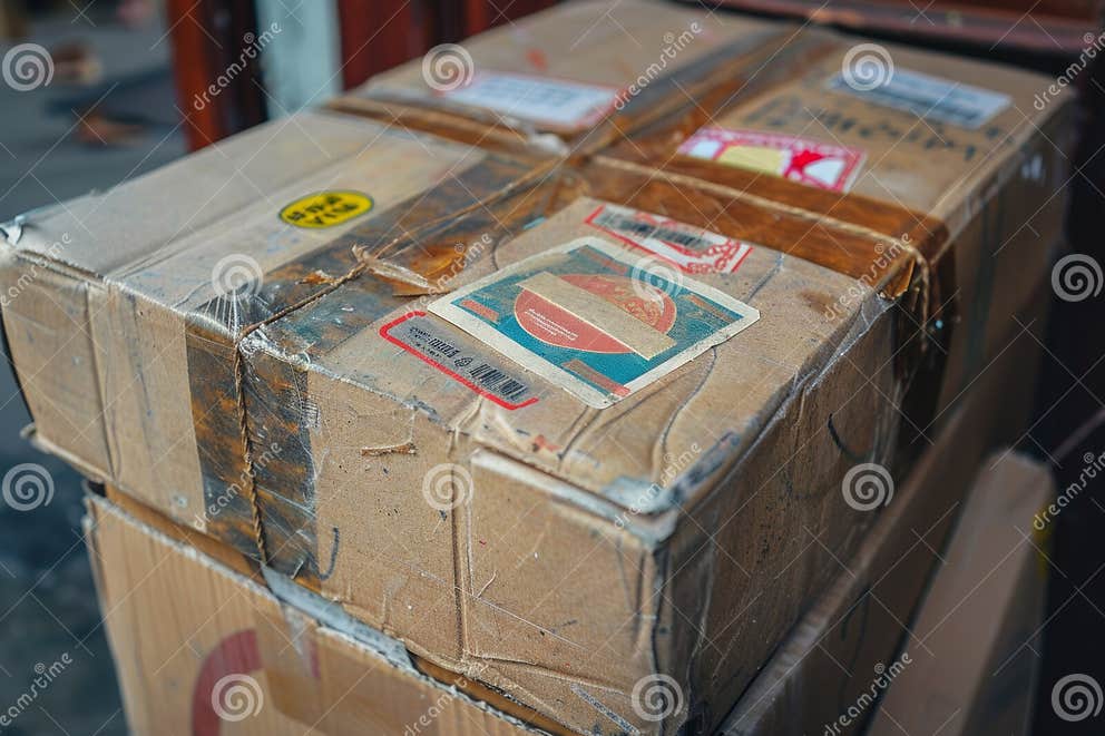Cardboard Box with Stickers Stock Image - Image of container, returning ...