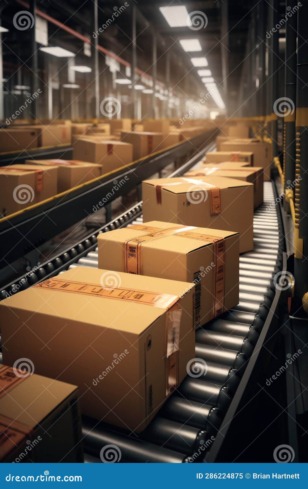 Cardboard Boxed Packages on a Belt Driven Line Roller Conveyor in a ...