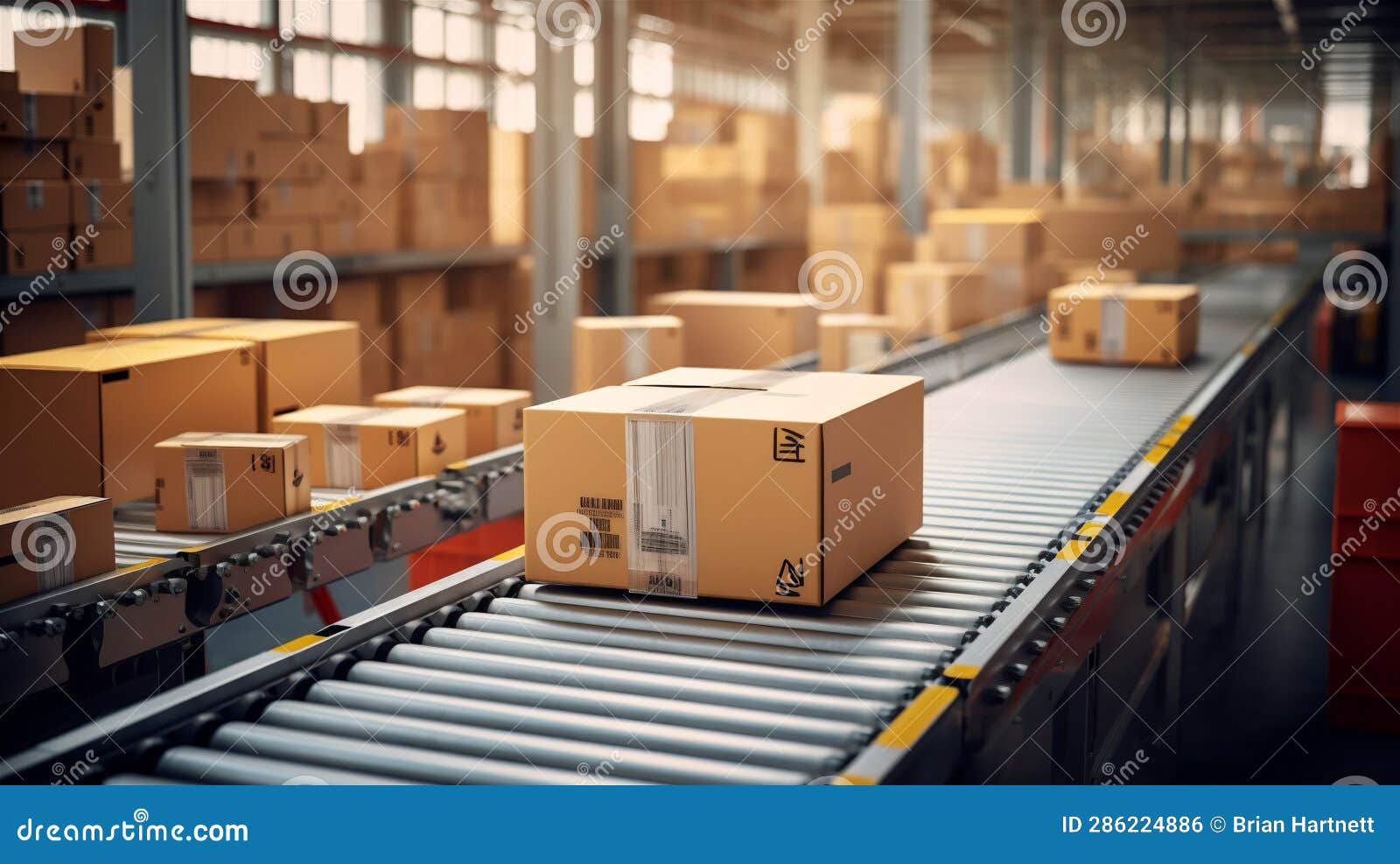 Cardboard Boxed Packages on a Belt Driven Line Roller Conveyor in a ...