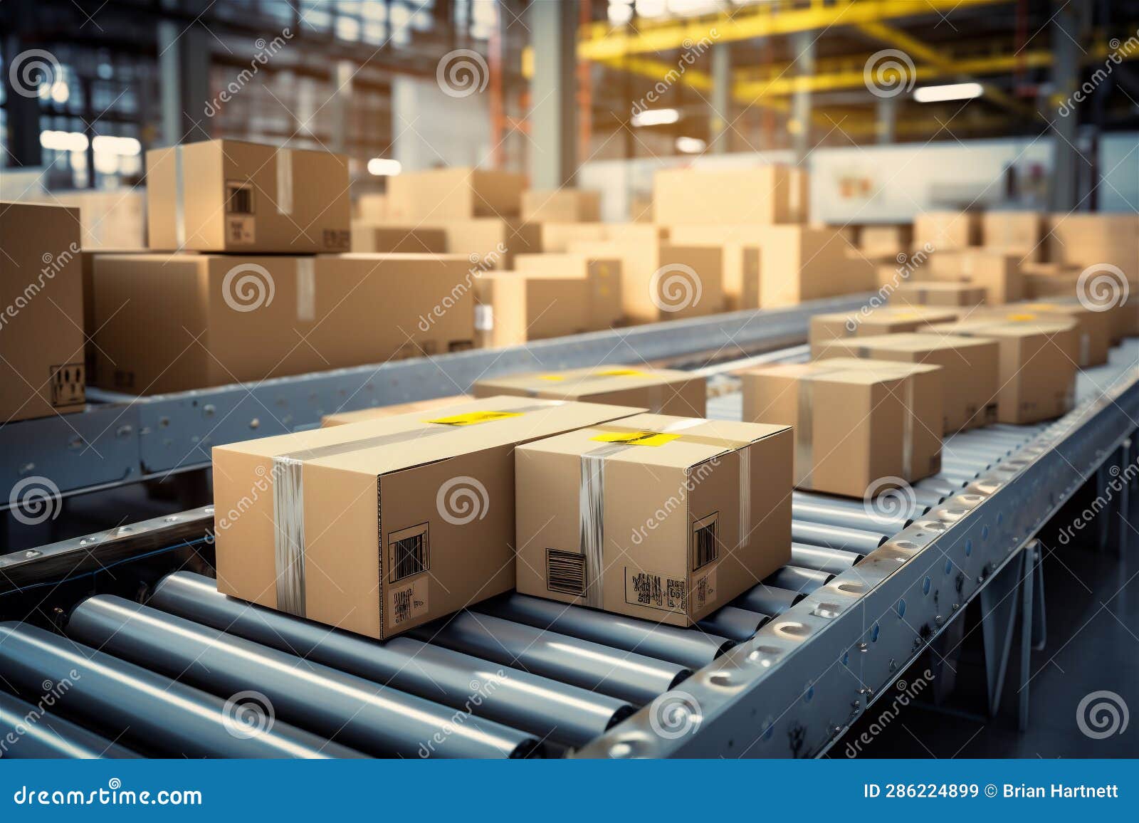 Cardboard Boxed Packages on a Belt Driven Line Roller Conveyor in a ...
