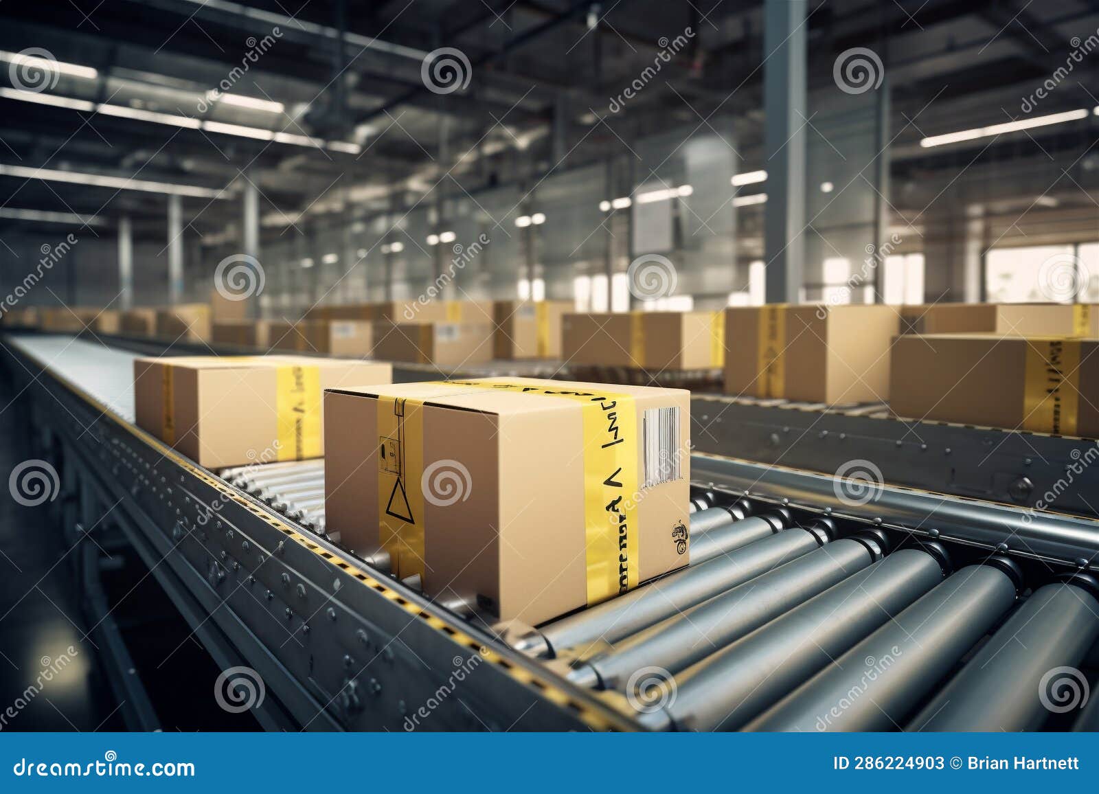 Cardboard Boxed Packages on a Belt Driven Line Roller Conveyor in a ...