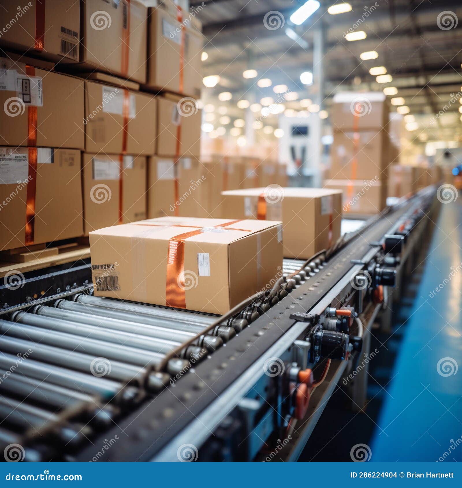 Cardboard Boxed Packages on a Belt Driven Line Roller Conveyor in a ...