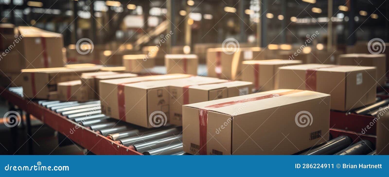 Cardboard Boxed Packages on a Belt Driven Line Roller Conveyor in a ...