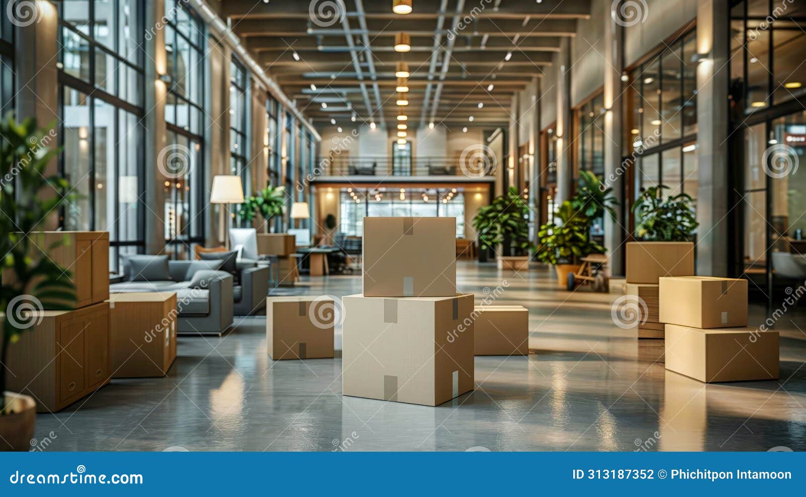 Cardboard Boxes in Empty Office Interior, Moving Concept. . Move To New ...