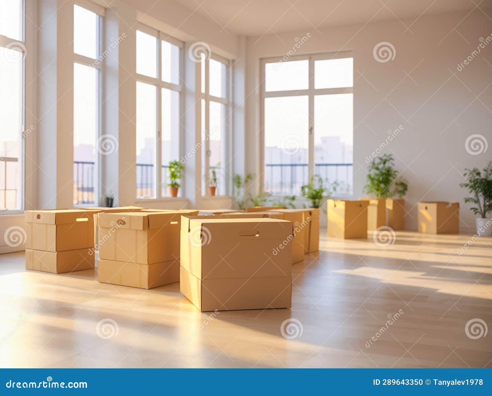 Cardboard Boxes in an Empty Room with Windows Stock Illustration ...