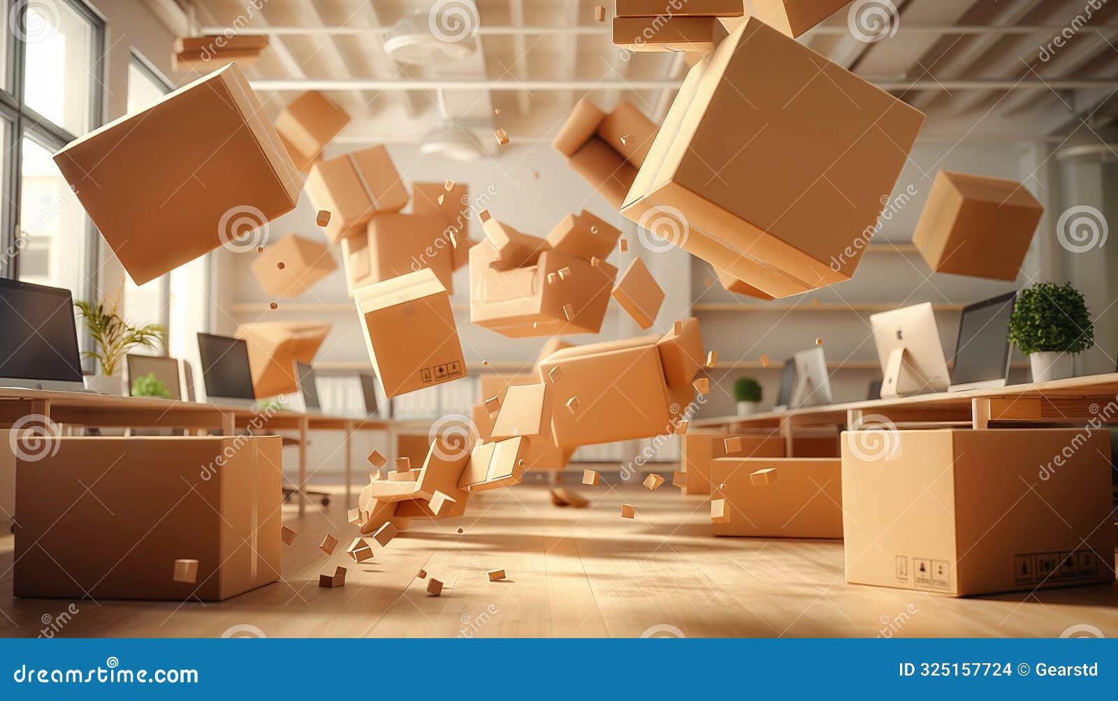 Cardboard Boxes Floating in a Bright Modern Office Space Stock Photo ...