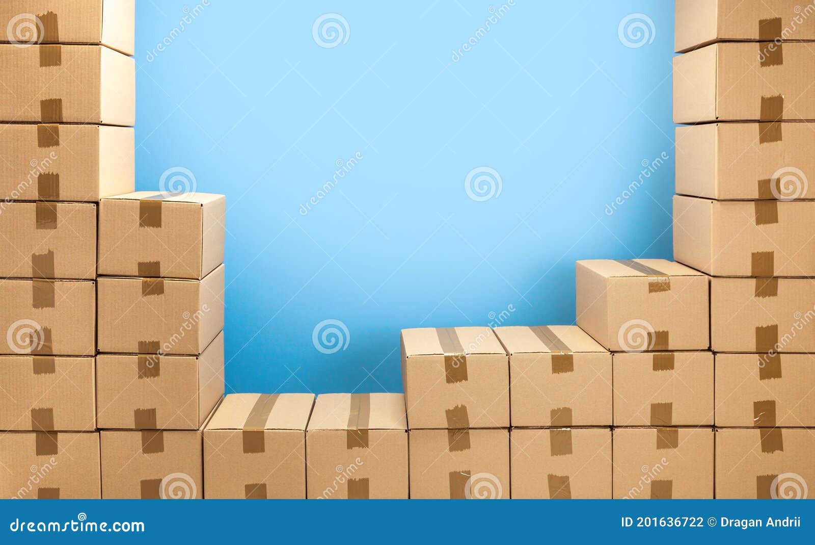 Cardboard Boxes Frame for Delivery or Moving. Stack of Boxes and Blue ...