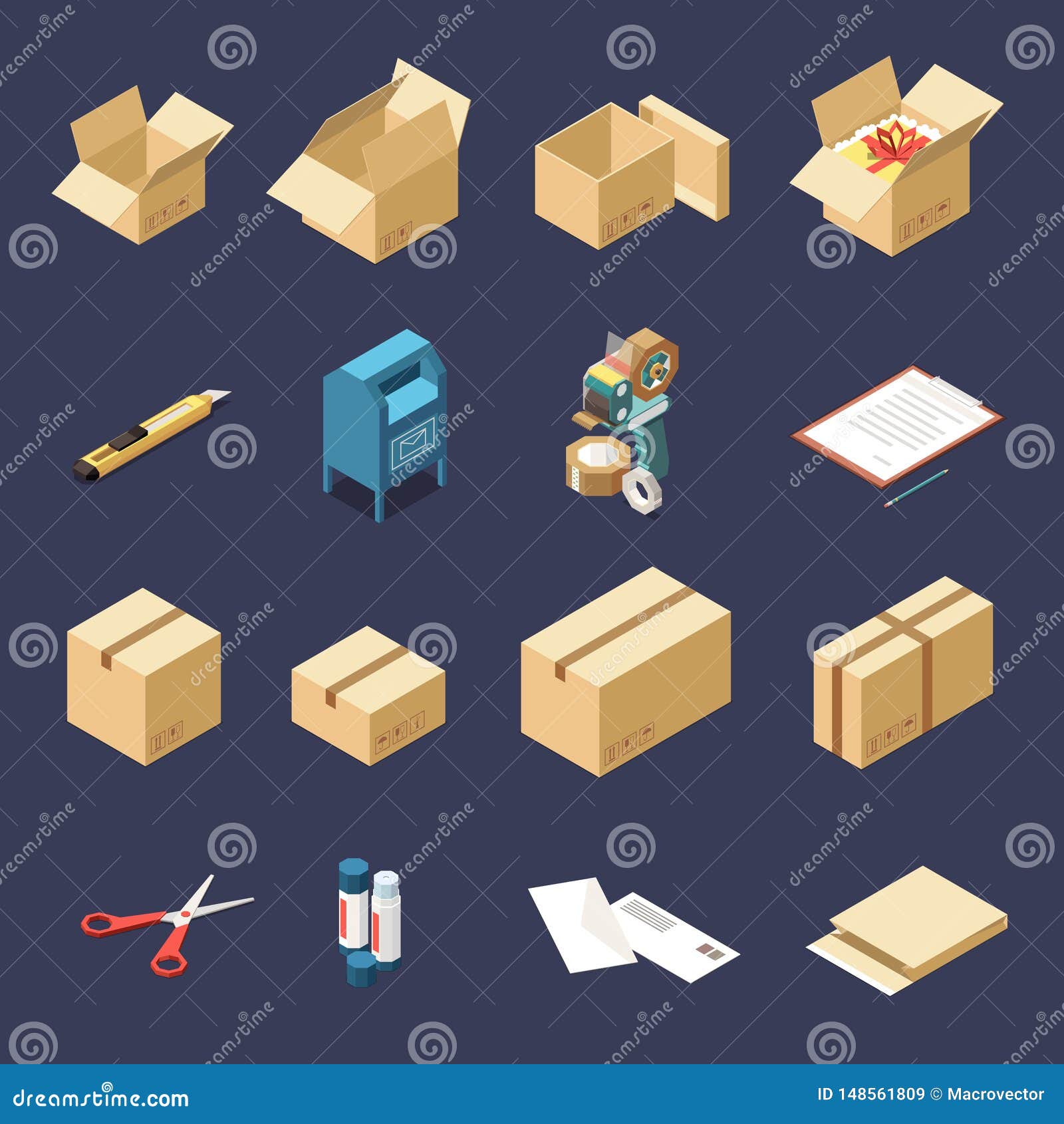 Cardboard Boxes Isometric Set Stock Vector - Illustration of postal ...