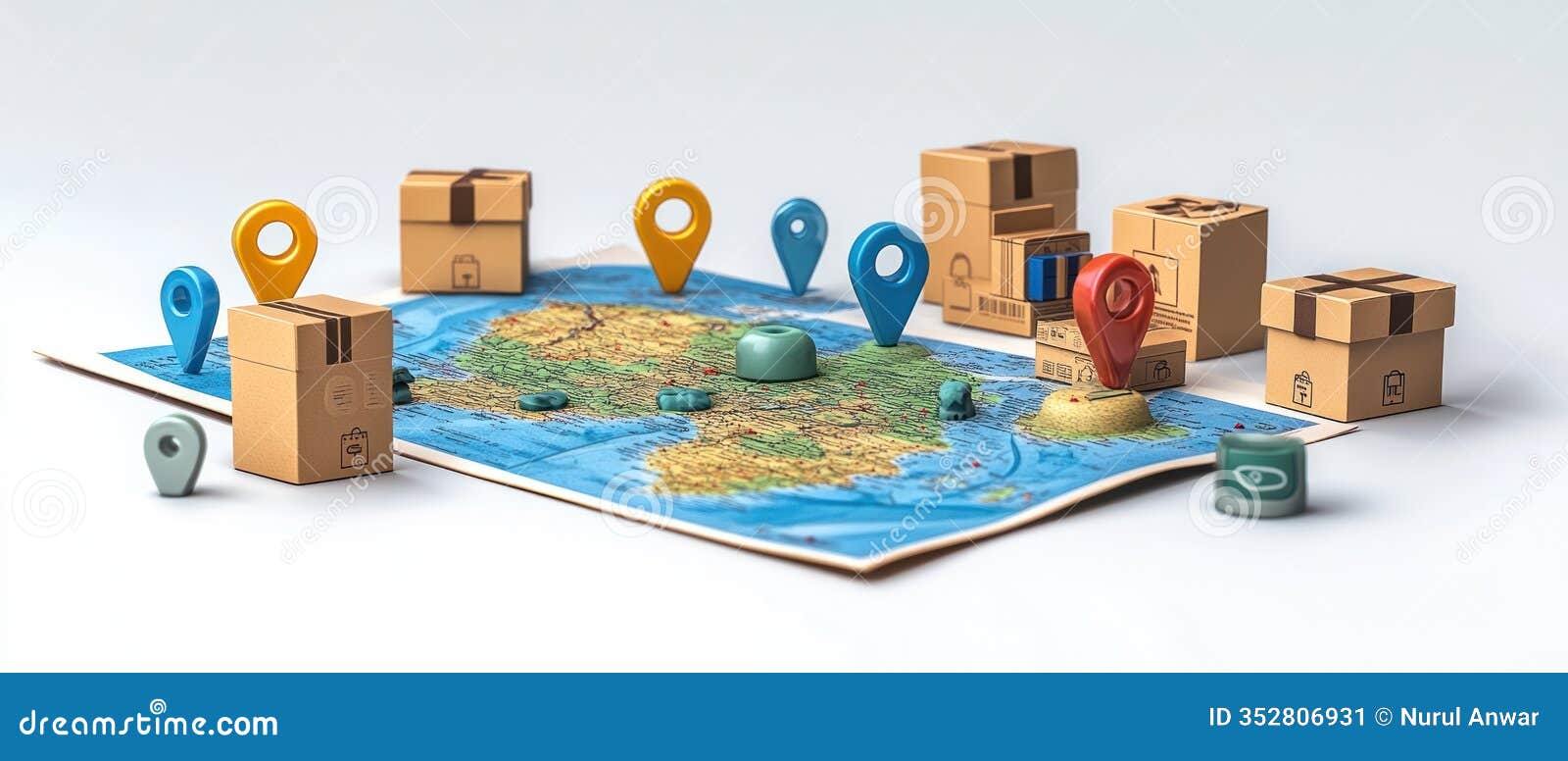 CARDBOARD BOXES with LOCATION PINS on a WORLD MAP Stock Illustration ...