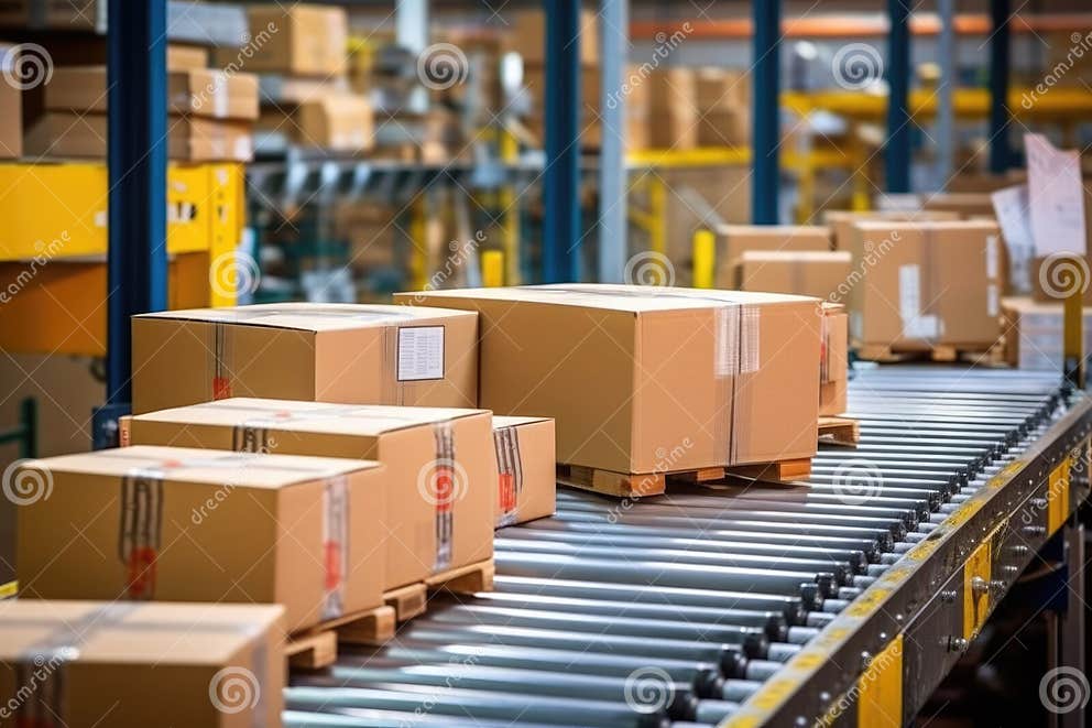 Cardboard Boxes Marked Export on a Conveyor Belt Stock Photo - Image of ...