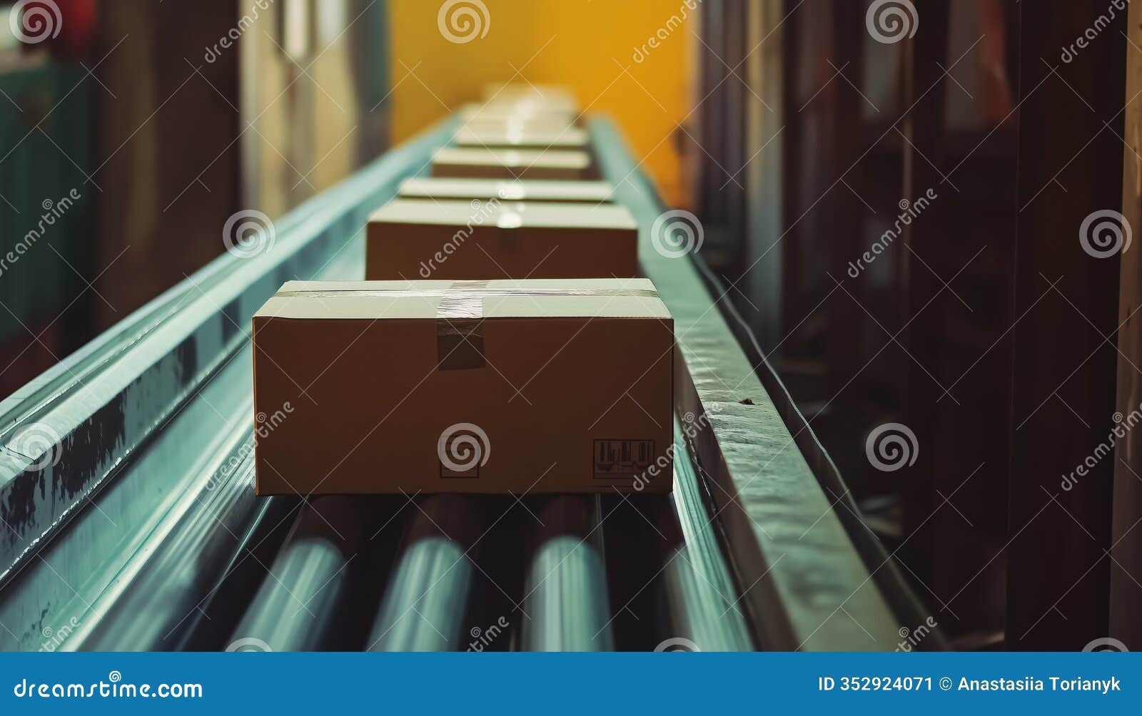 Cardboard Boxes Moving on Conveyor Rollers in Distribution Warehouse ...