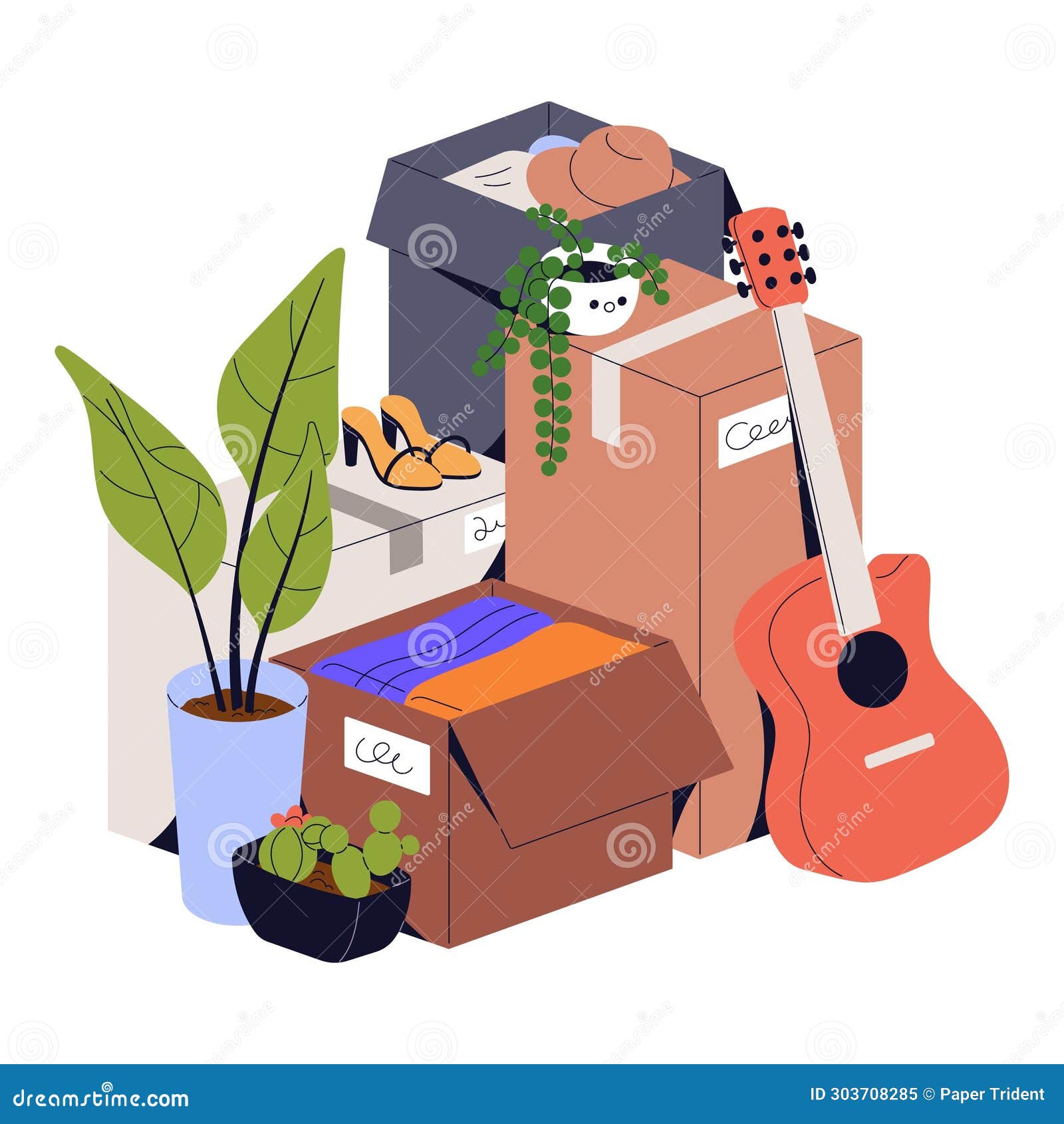 Cardboard Boxes with Objects, Clothes, Stuff for Relocation. Various ...