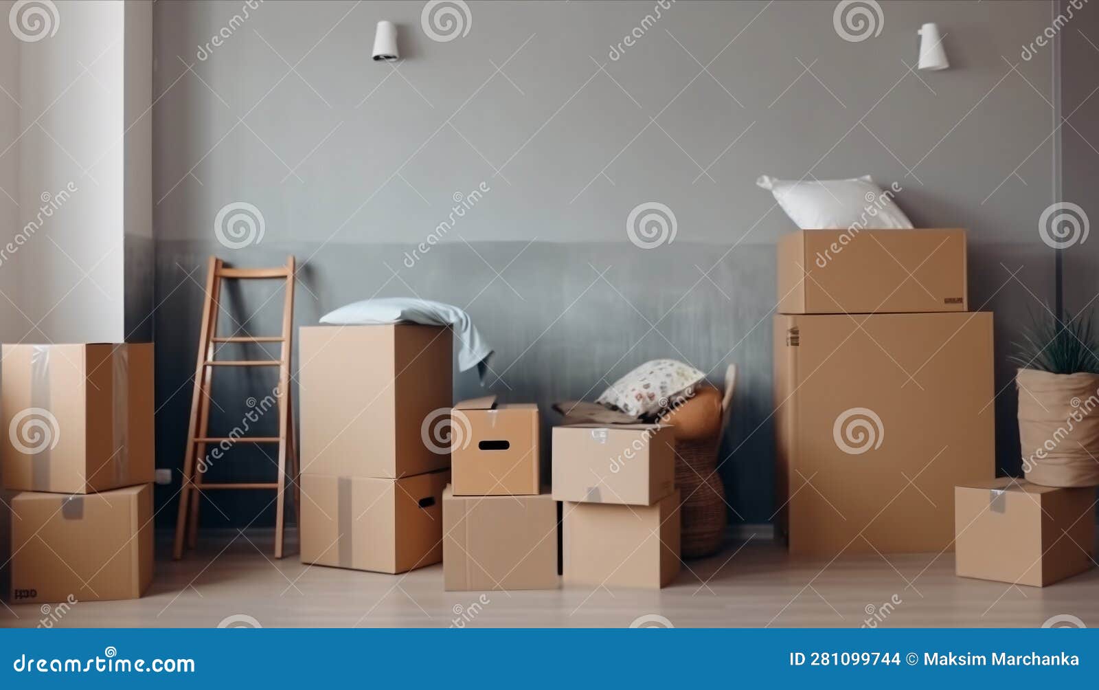 Cardboard Boxes with Packed Items in an Empty Room, Moving Concept, AI ...