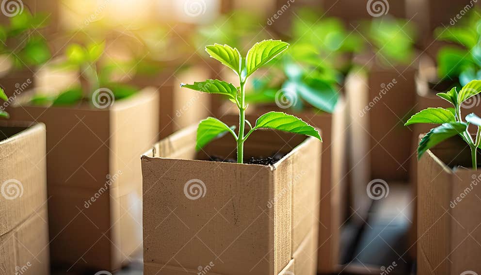 Cardboard Boxes with Plants Growing Inside, Symbolizing Eco-friendly ...