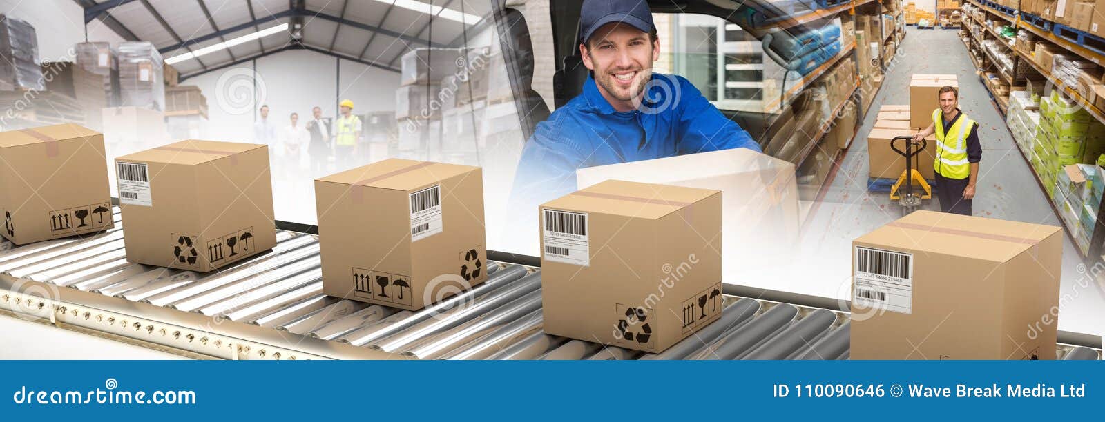 Composite Image of Cardboard Boxes on Production Line Stock Photo ...