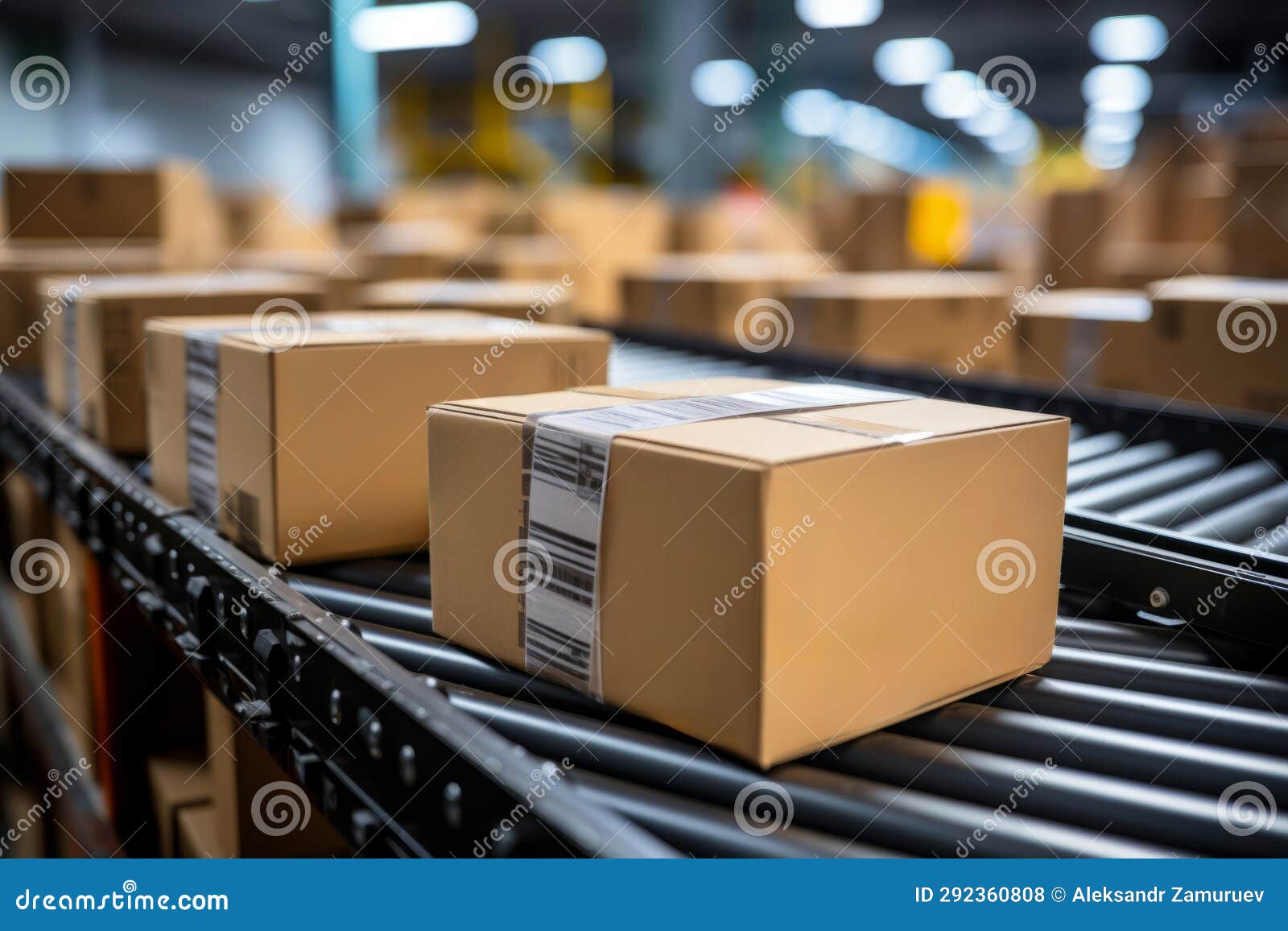 Cardboard Boxes on Roller Conveyor at Warehouse. Shipment Boxes ...