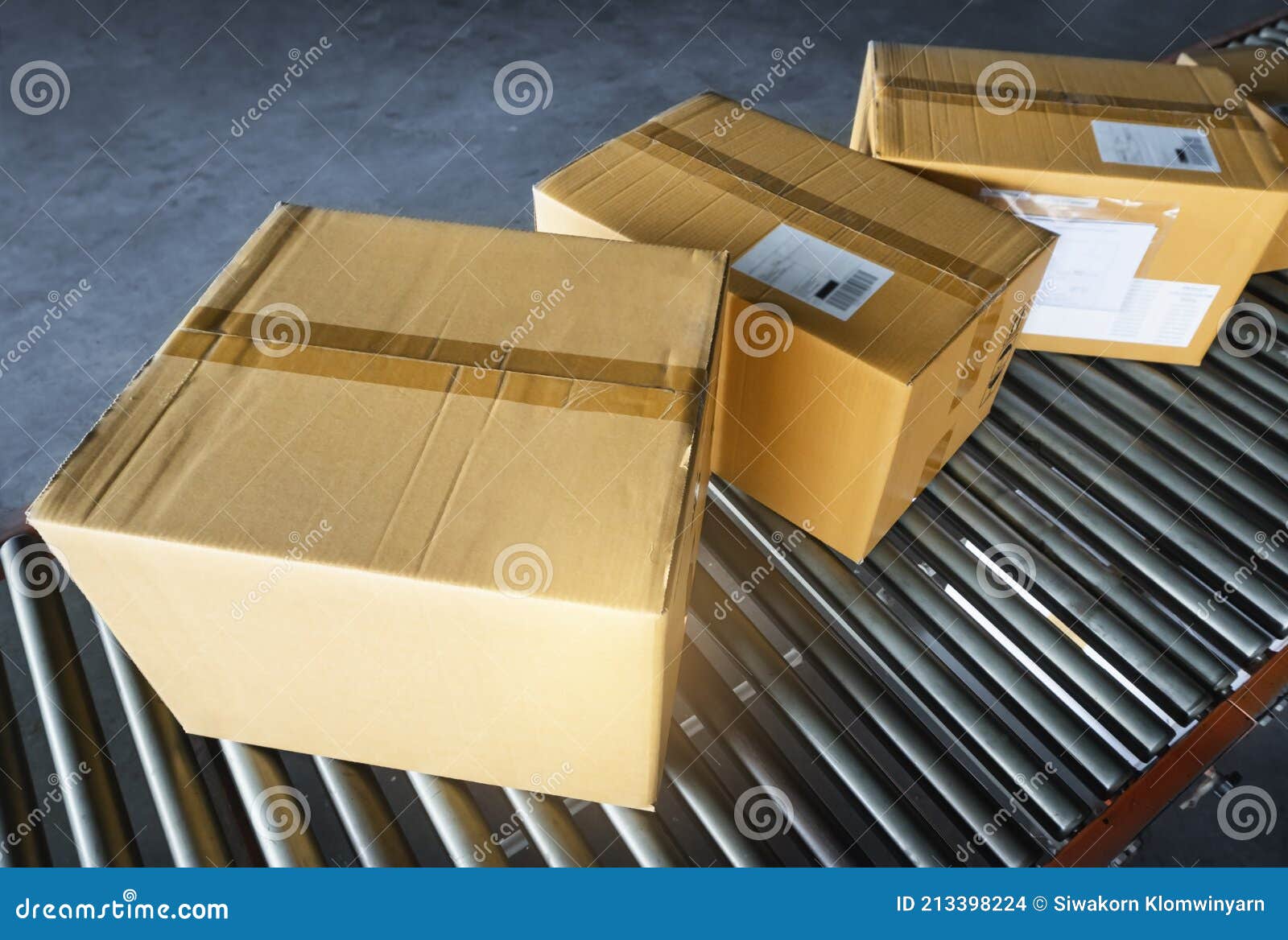 Cardboard Boxes Sorting on Roller Conveyor at the Warehouse. Shipment ...