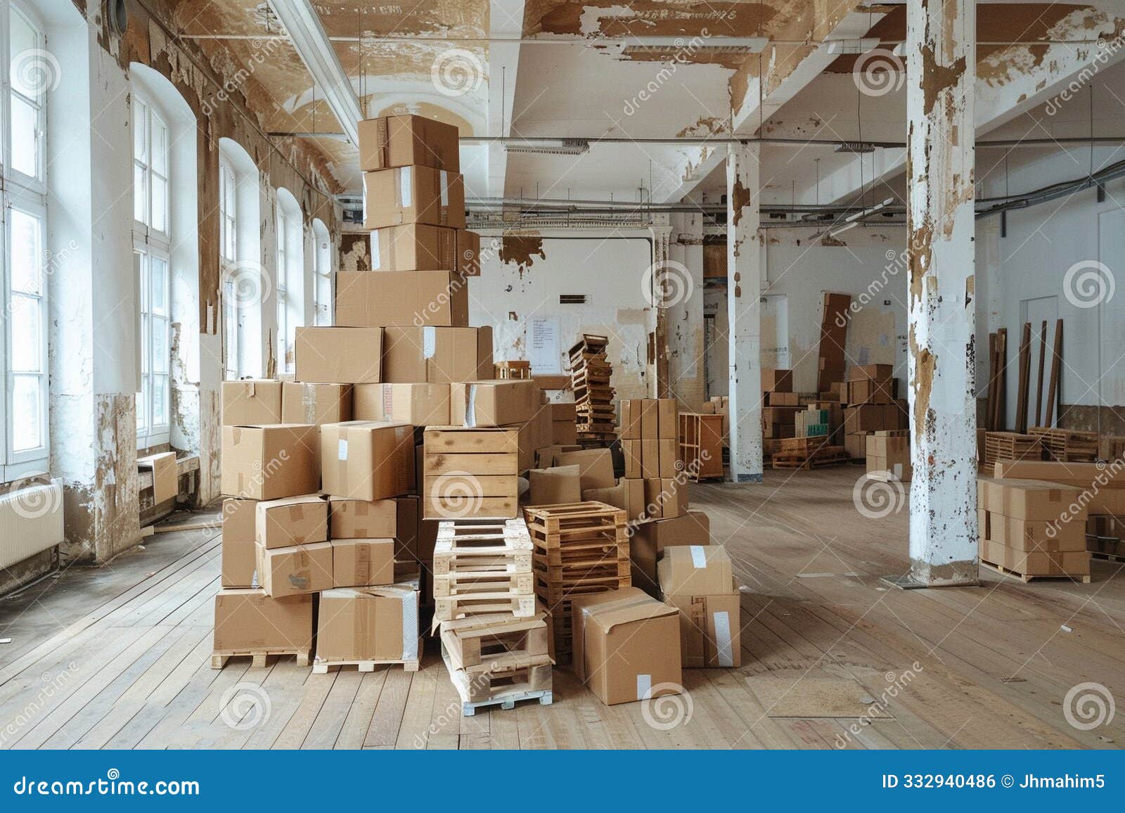 Cardboard Boxes Stacked in Abandoned Warehouse Stock Illustration ...