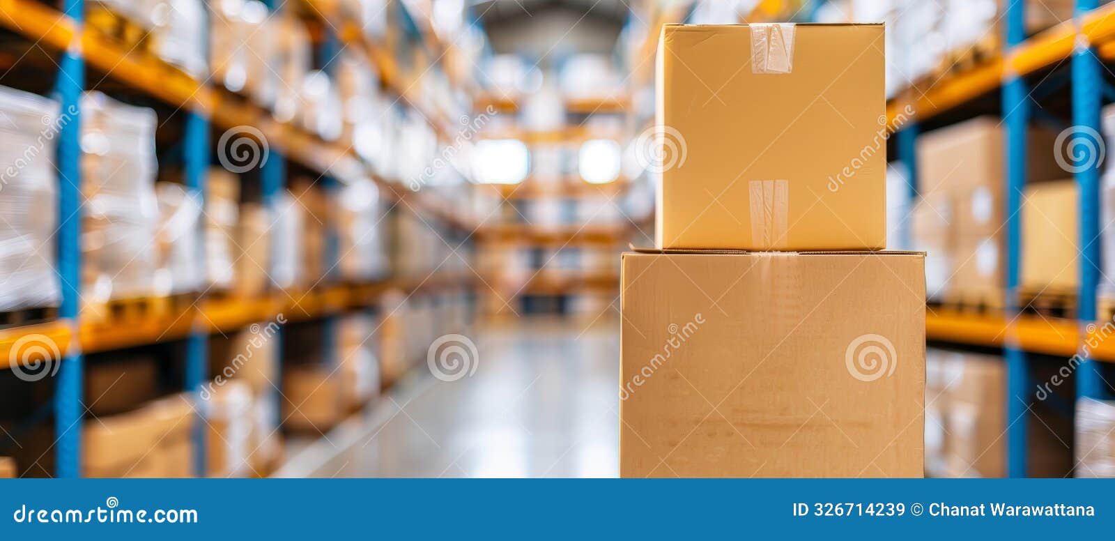 Cardboard Boxes Stacked in Large Warehouse with Blurred Background of ...