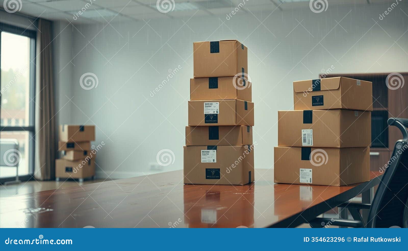 Cardboard Boxes Stacked on a Table in an Empty Office. Rain is Seen ...