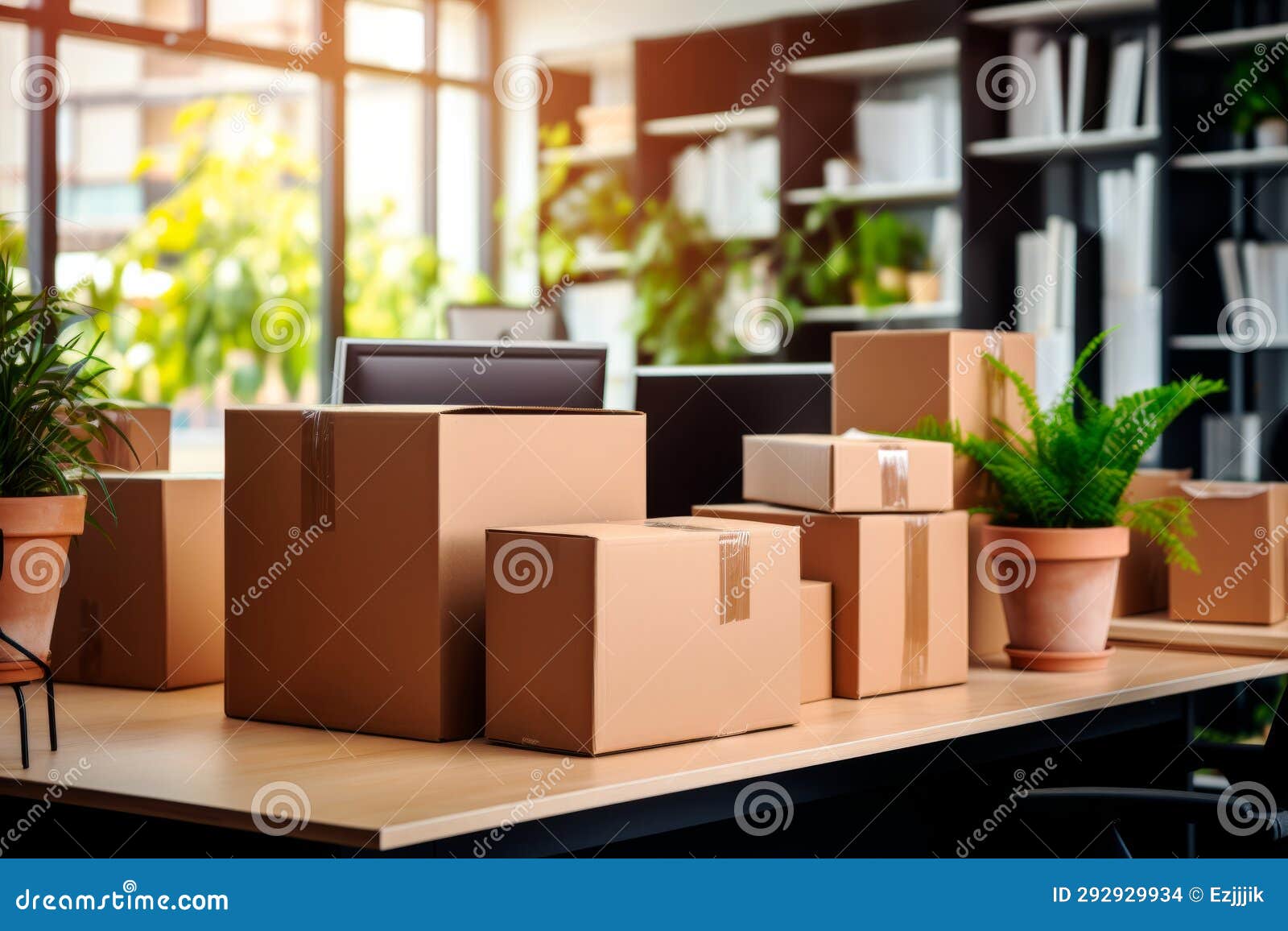 Cardboard Boxes with Things on the Table in the Office. Office Moving ...