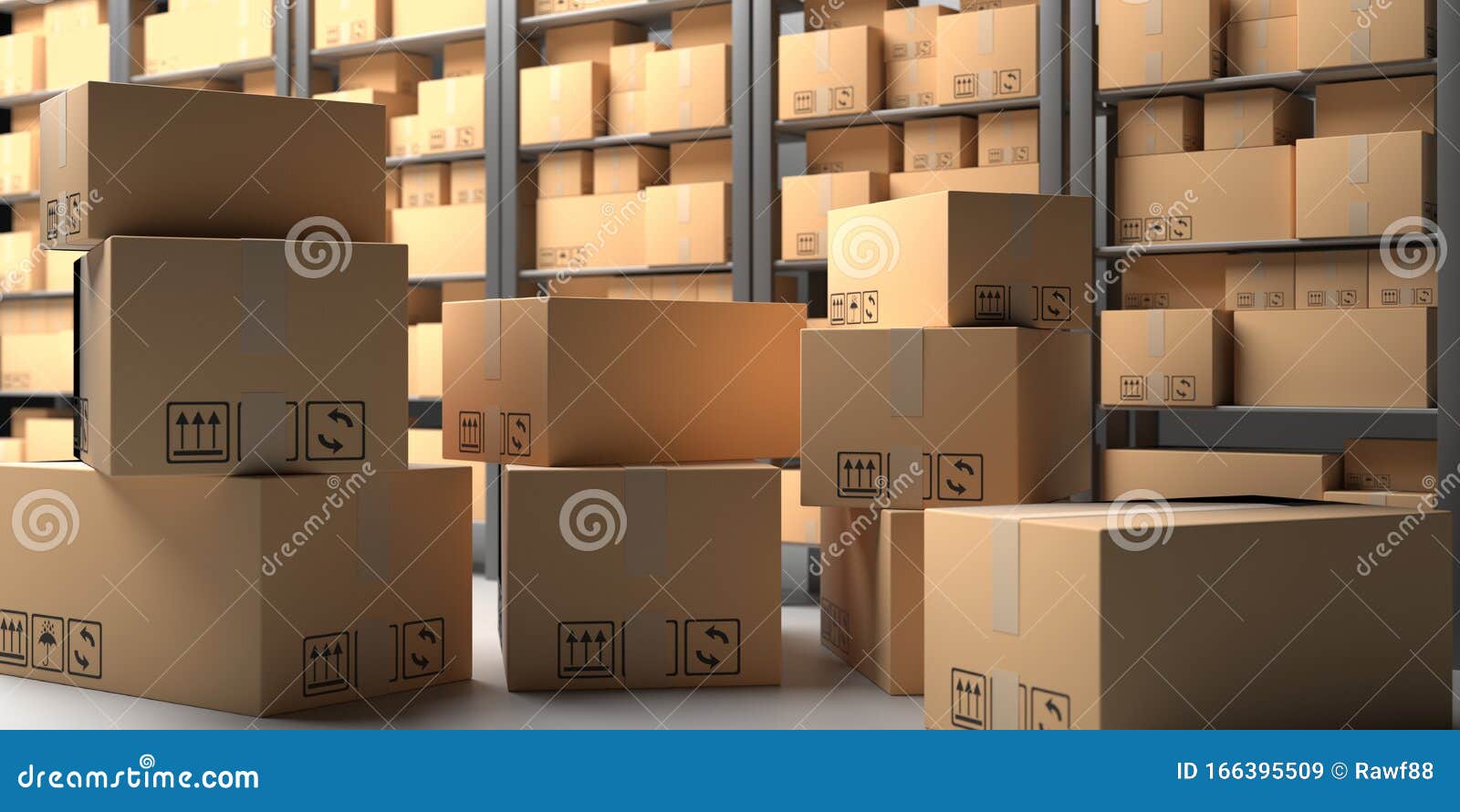 Cardboard Boxes on Warehouse Storage Shelves Background. 3d ...