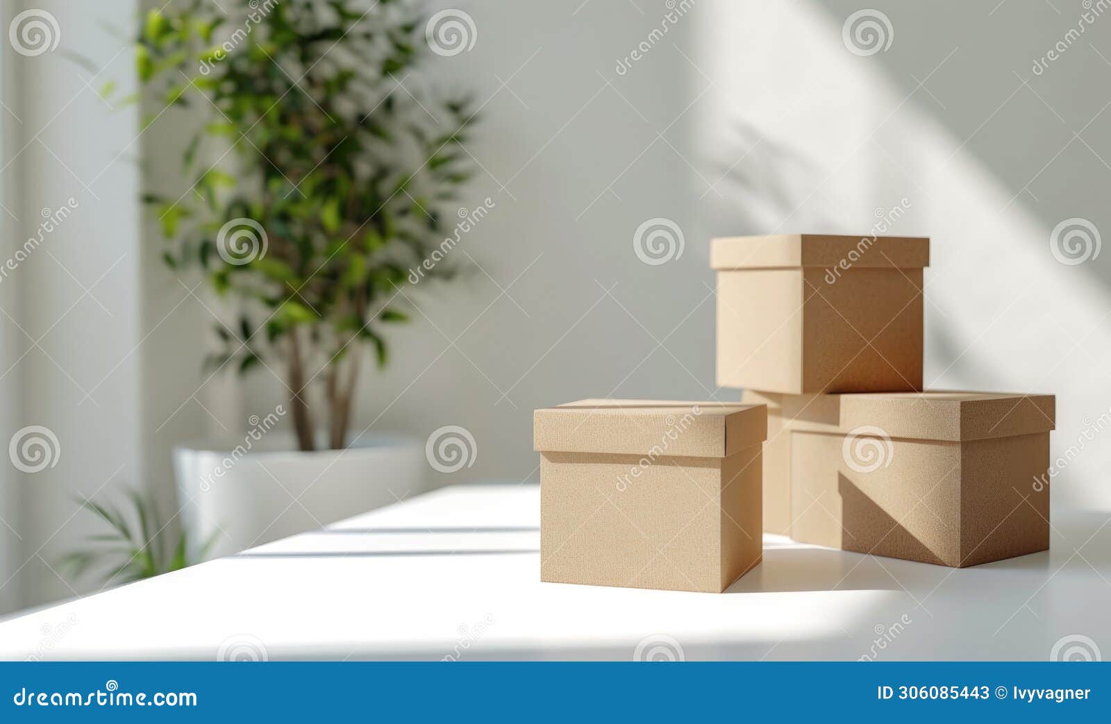 Cardboard Boxes on a White Table in a Light Room with Green Plants ...