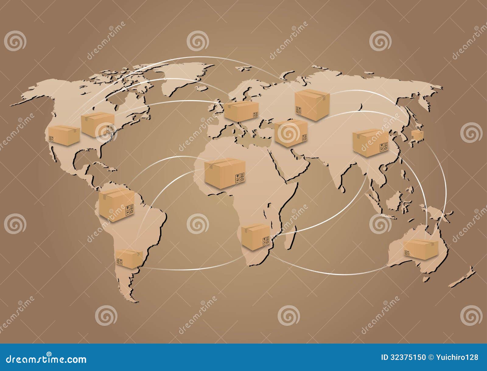 Cardboard Boxes on World Map Background Stock Illustration ...