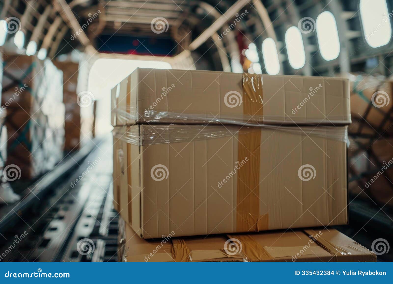 Cardboard Boxes Wrapped in Plastic Standing in an Airplane Cargo Hold ...