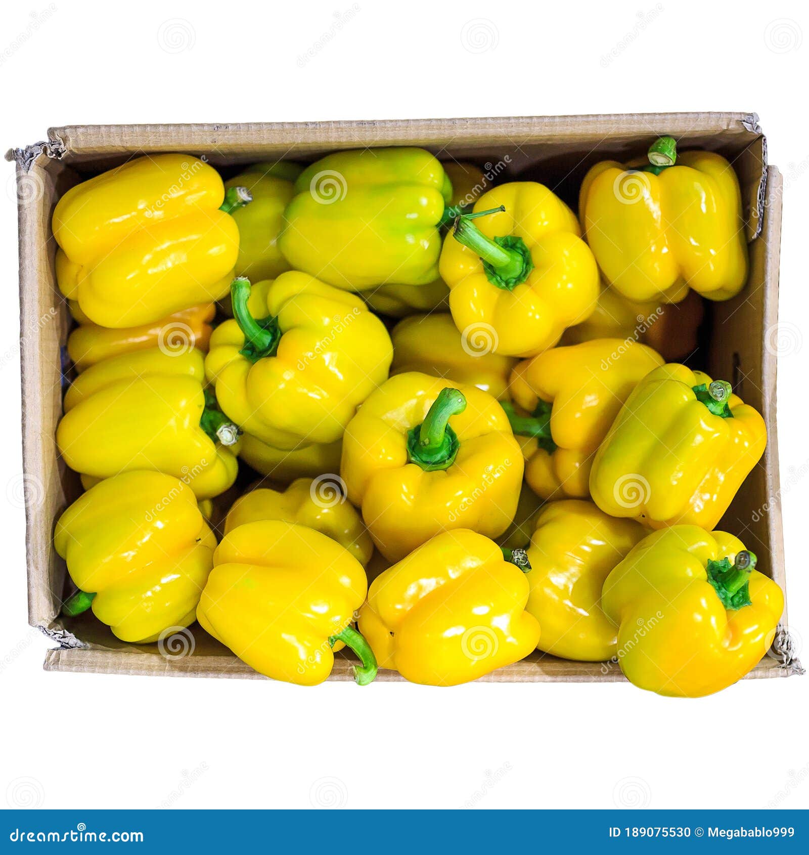 Cardboard Boxes with Yellow Bell Peppers Isolated on White. Top View ...