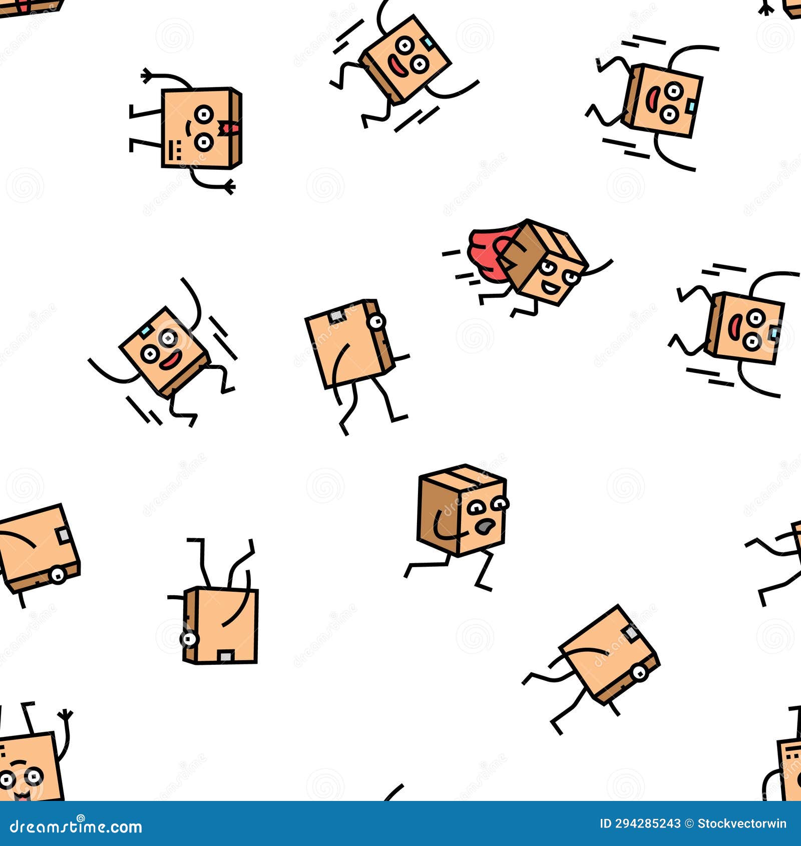Cardboard Character Box Package Vector Seamless Pattern Stock Vector ...