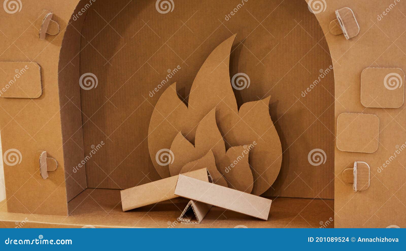 Cardboard Fireplace. Closeup of Firewood Burning in Fire Stock Photo ...