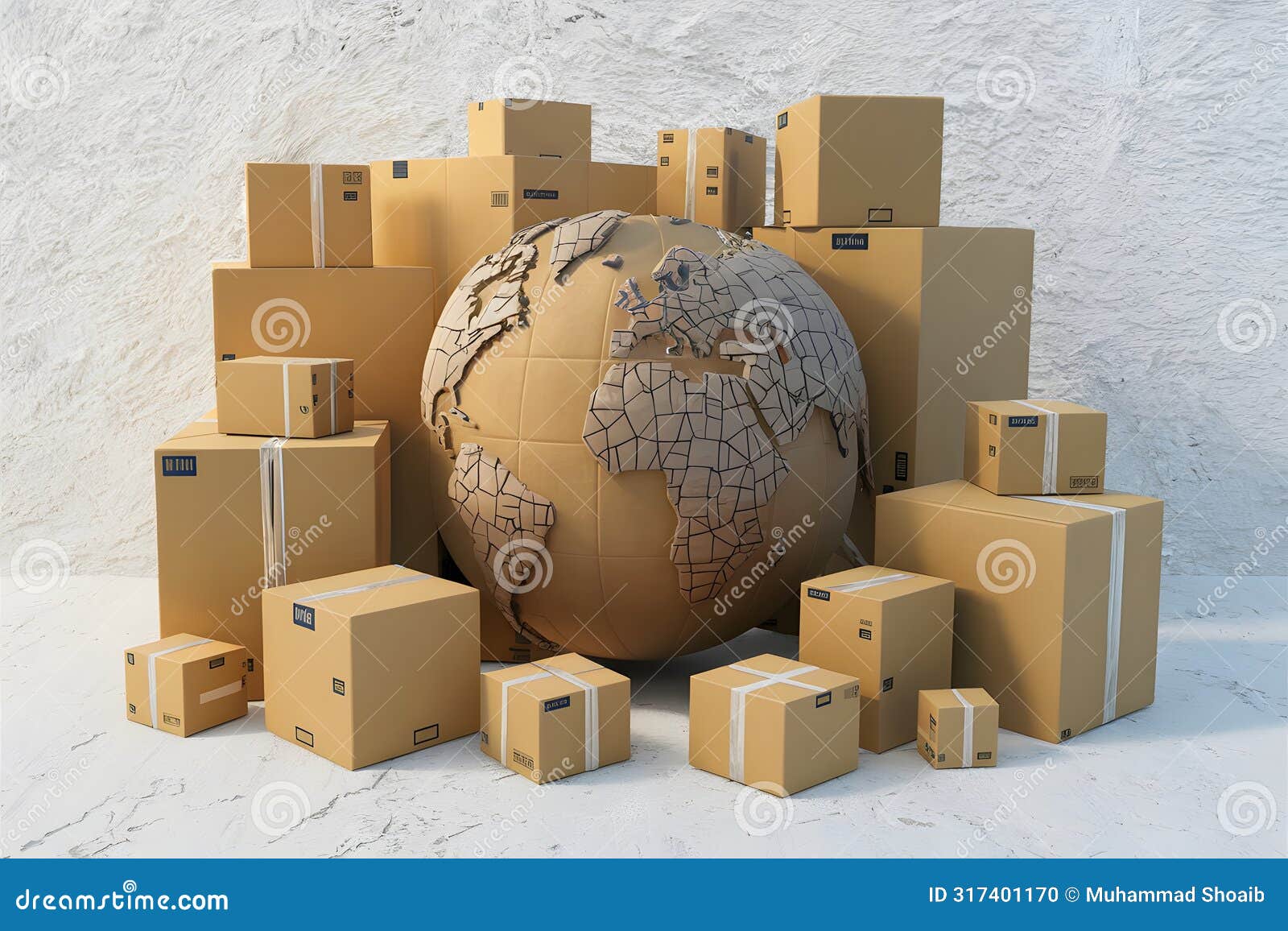 Cardboard Globe with Boxes, Representing Global Connections or ...