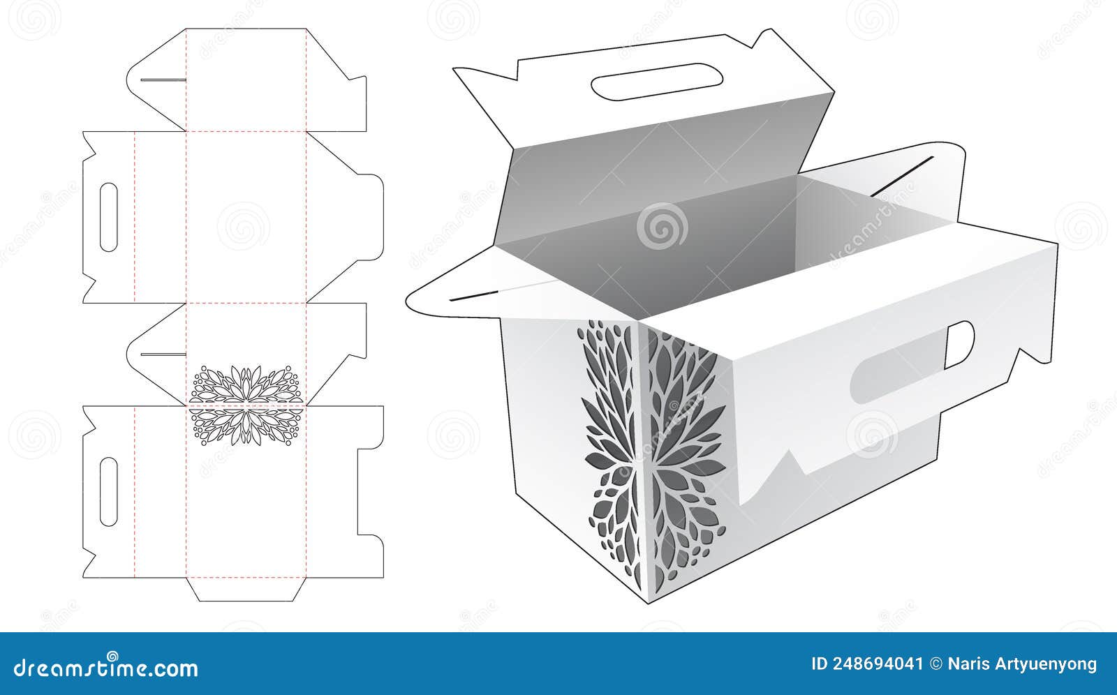 Cardboard Handle Stenciled Pattern Box Die Cut Template and 3D Mockup ...