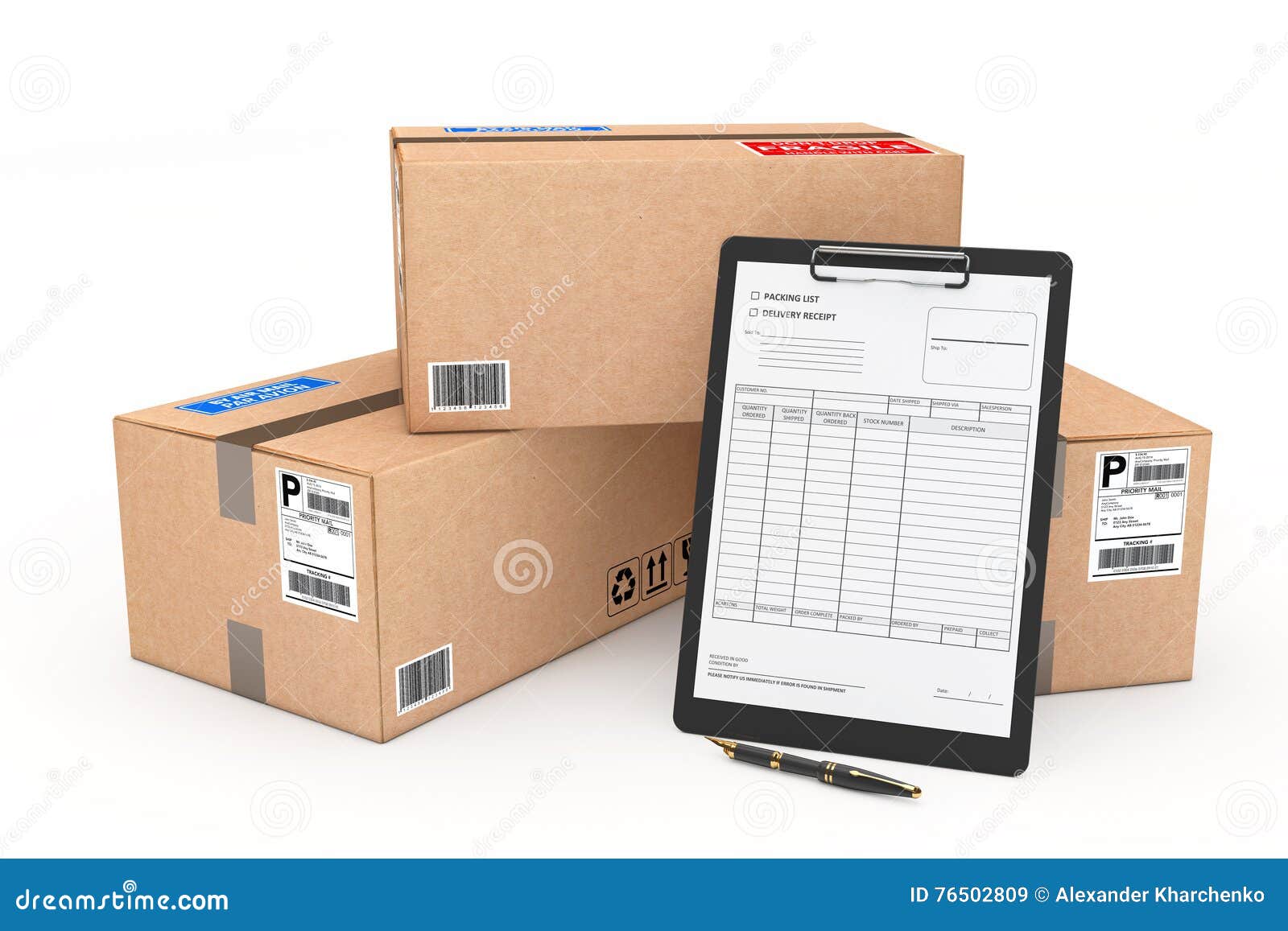 Cardboard Parcel Package with Delivery Note. 3d Rendering Stock ...