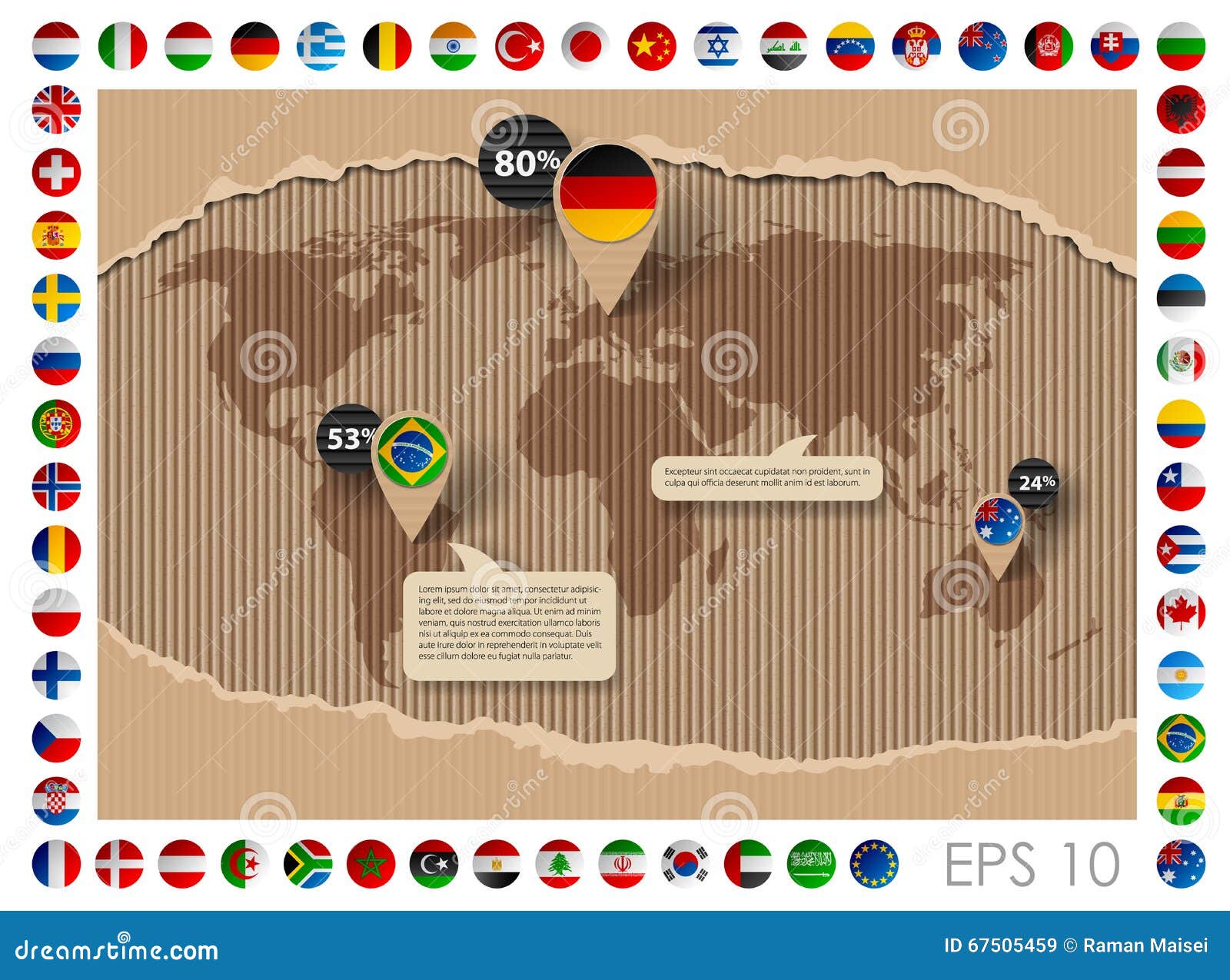 Cardboard Template With World Map And Flags Cartoon Vector ...