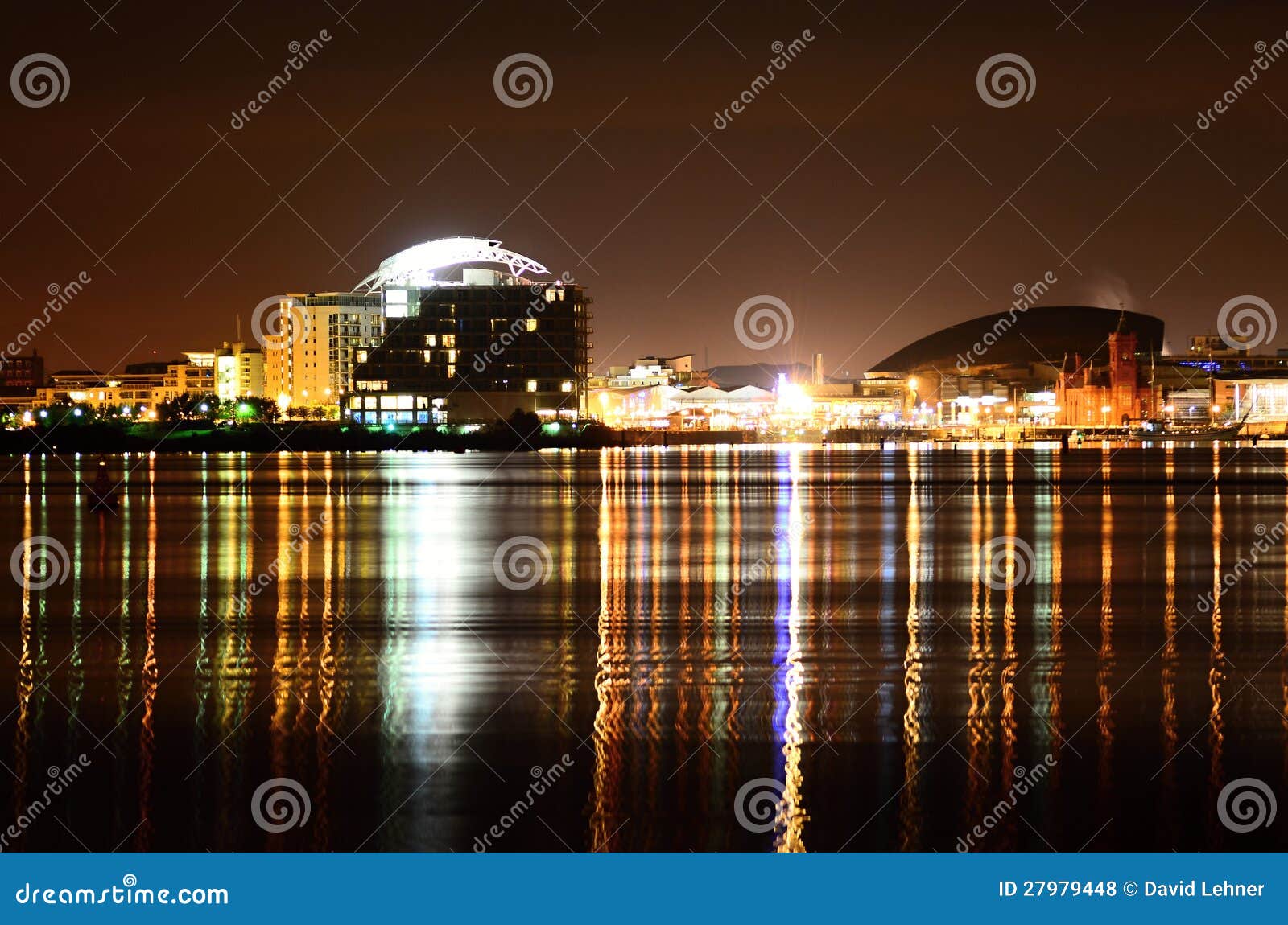Cardiff Bay at night stock photo. Image of windows, water - 27979448