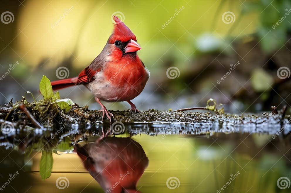 A Cardinal Peering at Its Reflection in a Clear Pond Stock Photo ...