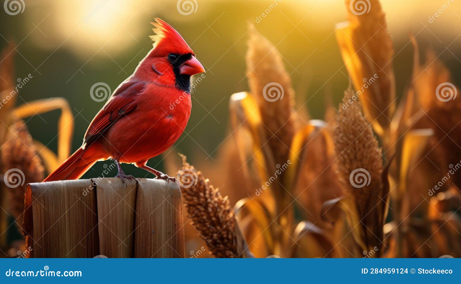 Happy Cardinal Poses on Farm Fence Post with Lush Cornfield Background ...